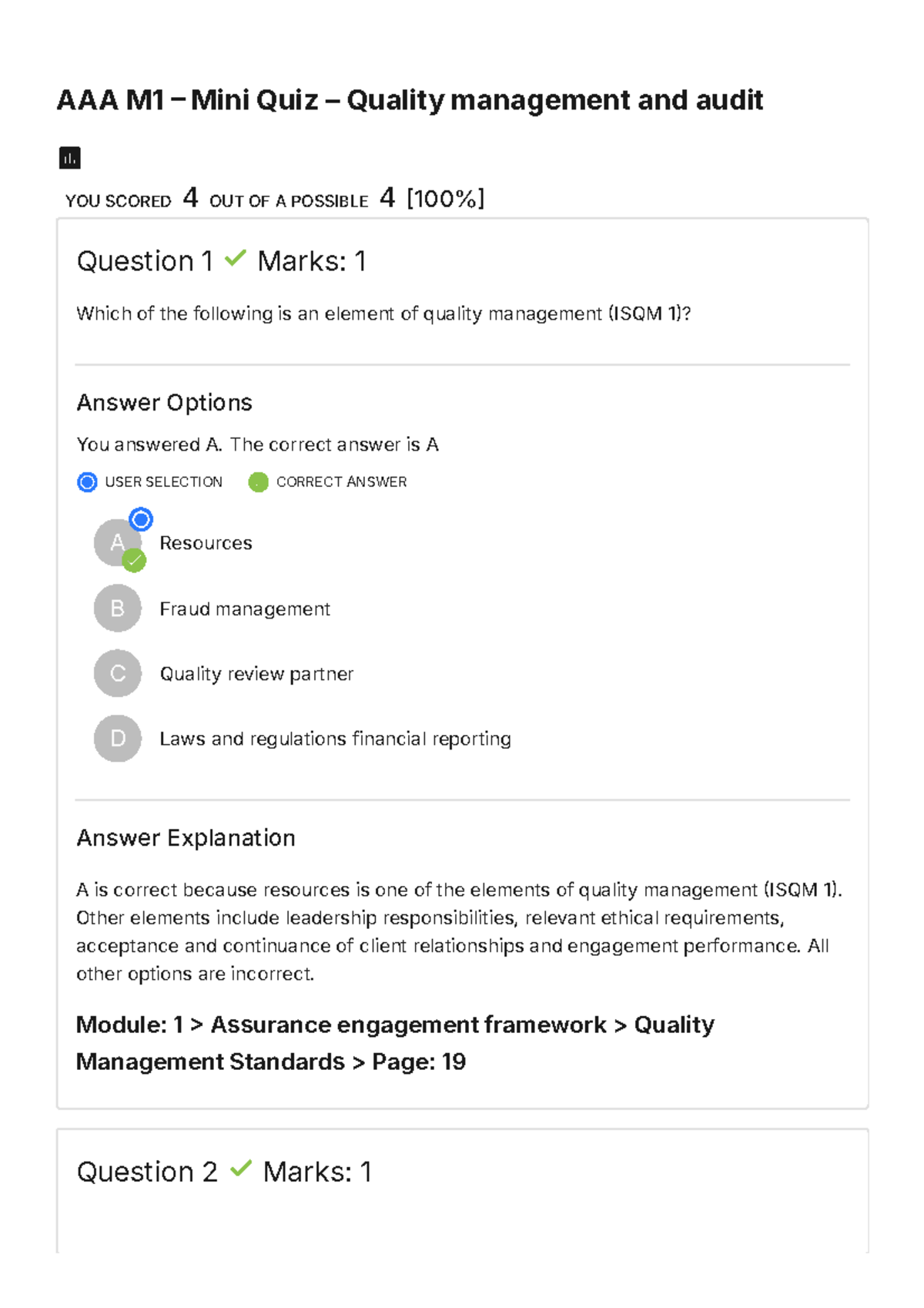 AAA M1 Mini Quiz: Quality Management & Audit Insights - Studocu