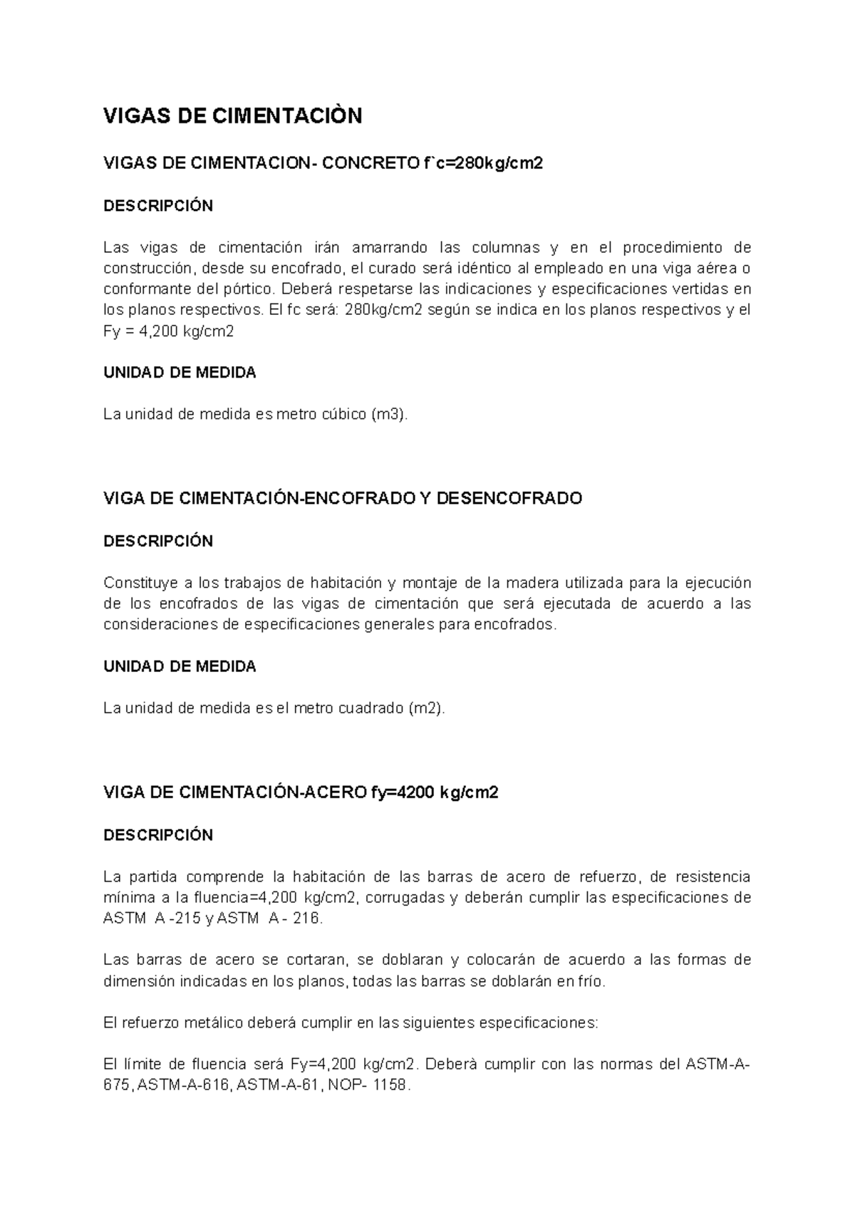 VIGAS Y COLUMNETAS DE CIMENTACIÓN: Especificaciones y Medidas - Studocu