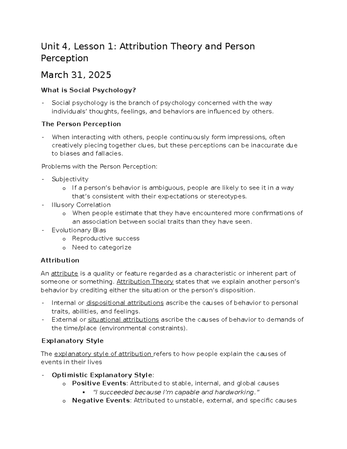 Unit 4, Lesson 1: Exploring Attribution Theory in Social Psychology ...
