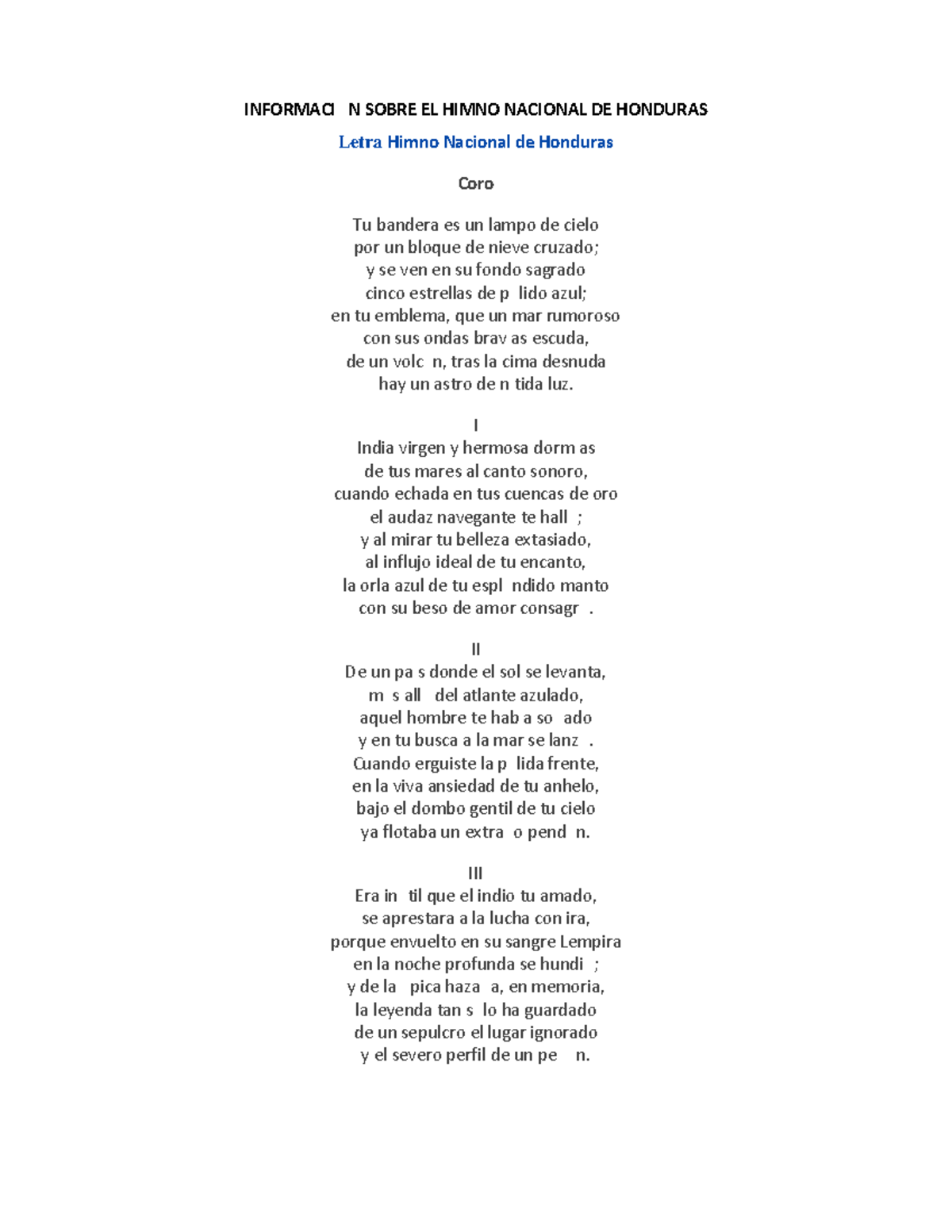 Letra y Explicación del Himno Nacional de Honduras (3B3N) - Studocu