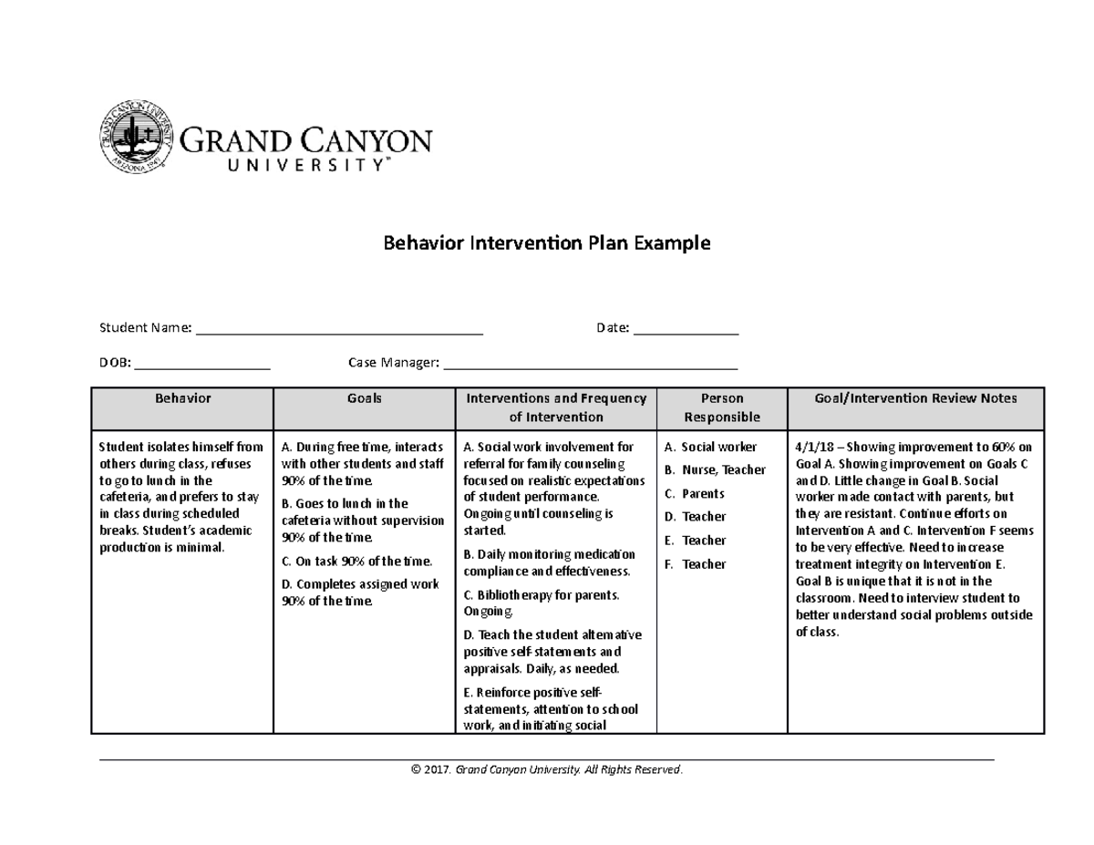 ECS-550 BIP Lecture Notes: Behavior Intervention Plan Example 2, 4 ...