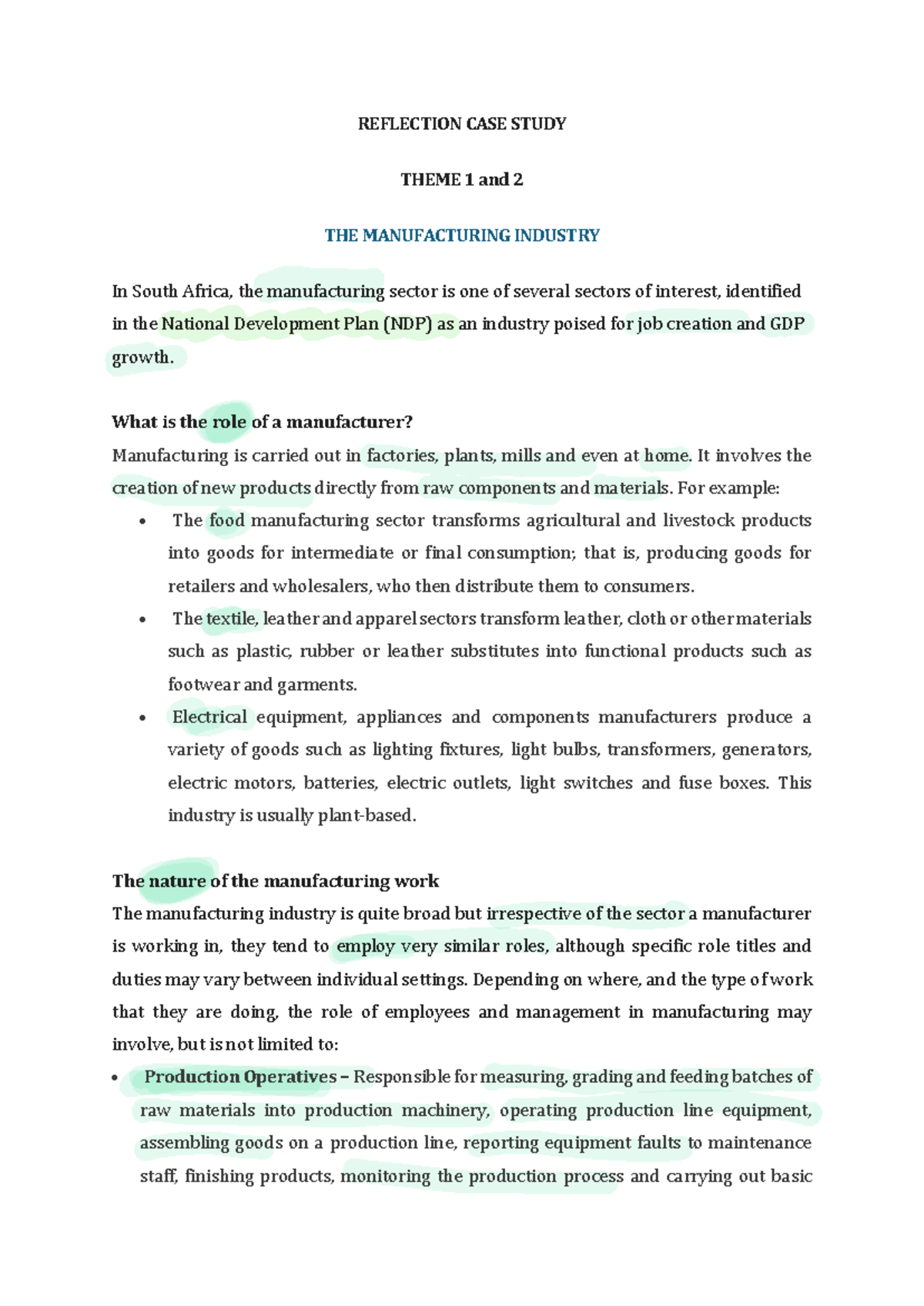 REFLECTION CASE STUDY THEME 1 & 2: MANUFACTURING IN SA 2025 - Studocu