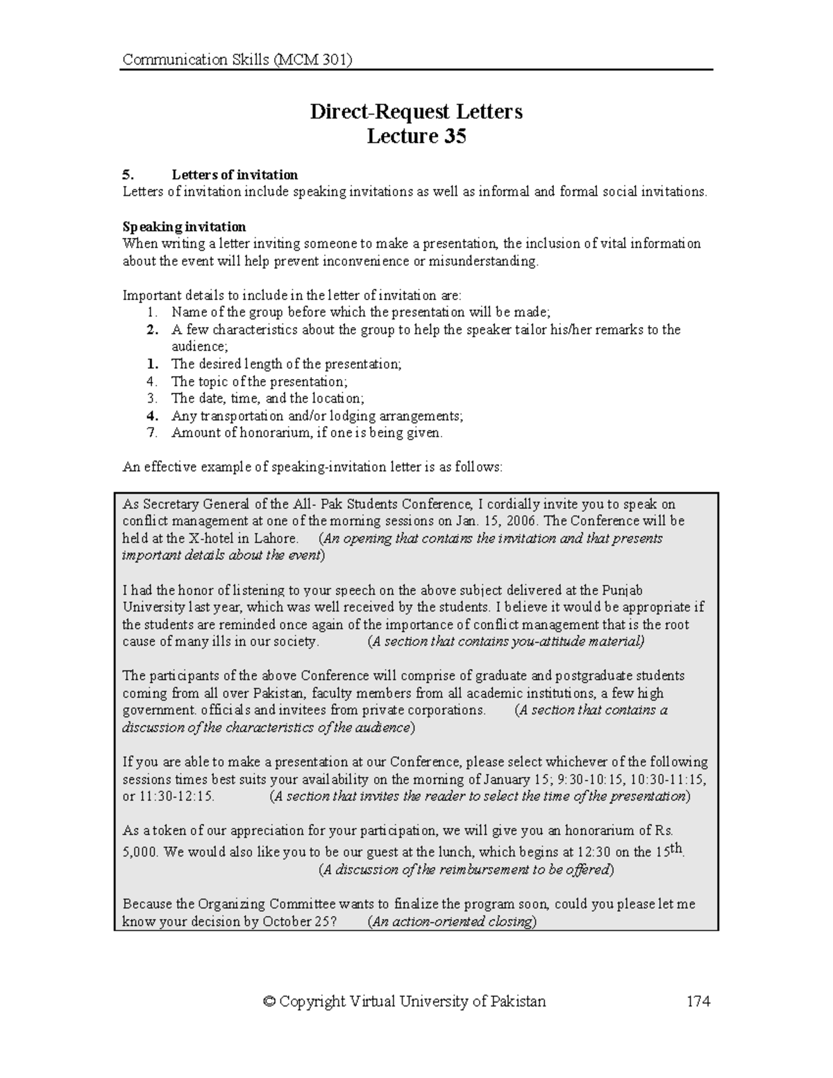 Communication Skills (MCM 301) Lecture 35: Letters of Invitation and ...