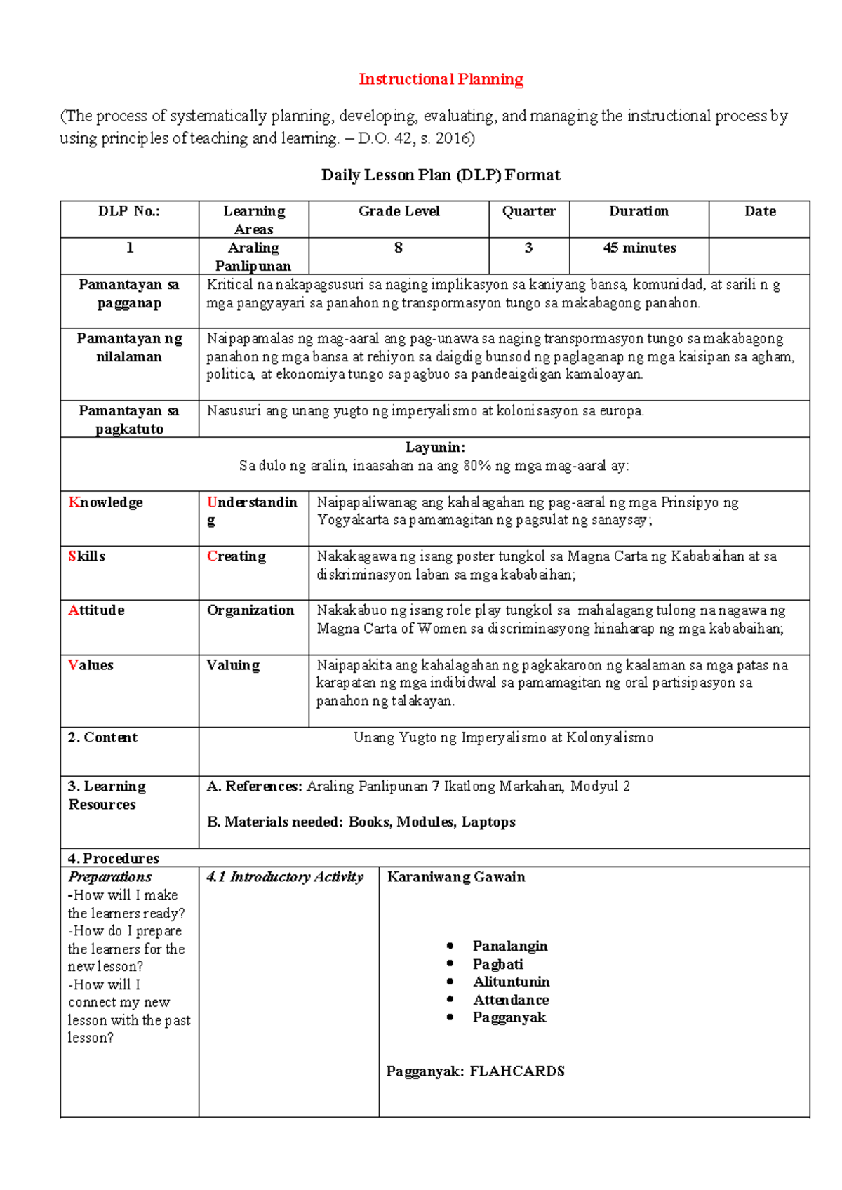 Grade 8 Araling Panlipunan: Kolonyalismo DLP and Lesson Plans - Studocu