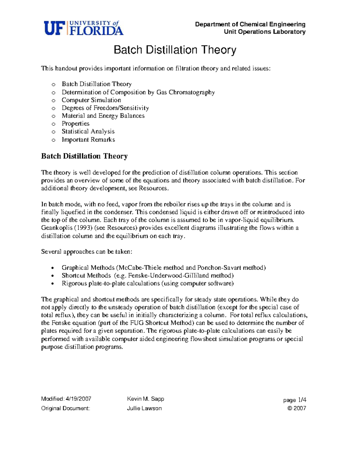 BD Theory Handout - CHE 2007 Unit Operations Lab - Studocu