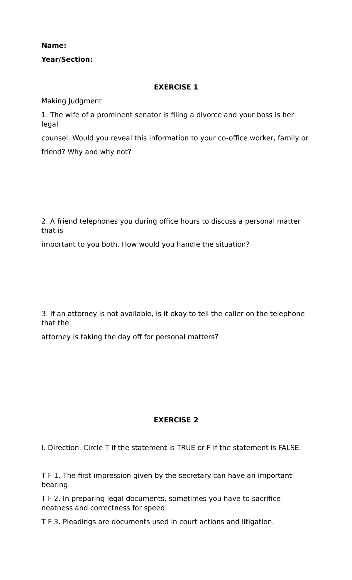 Gonzales - Legal Procedures: Exercise 1 & 2 Analysis and Guidelines ...