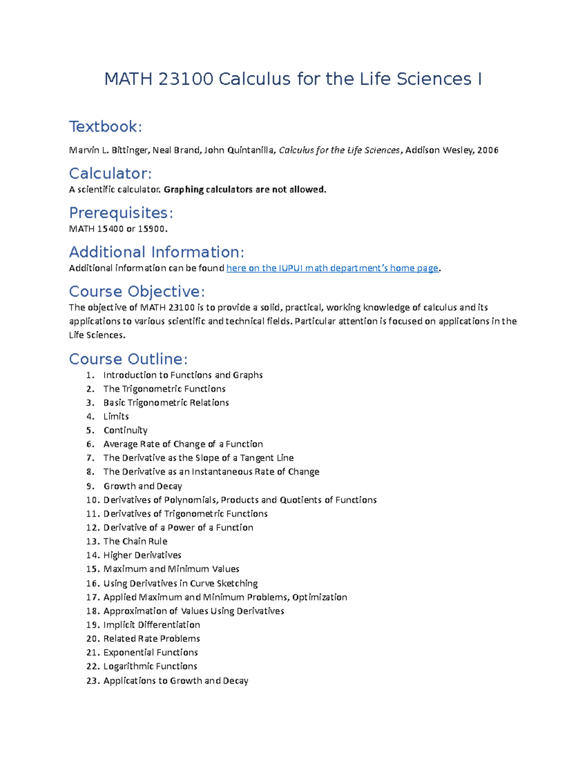 Math 23100 Syllabus: Calculus for Life Sciences I Overview - Studocu