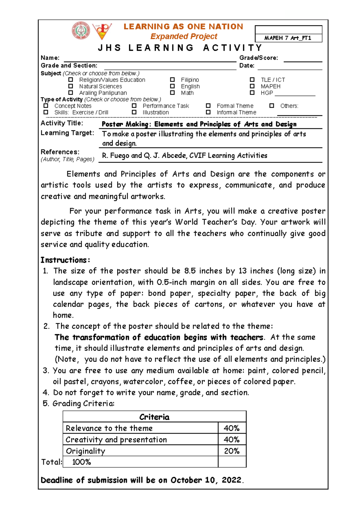 MAPEH 7 Art - Performance Task 1: Poster on Elements & Principles - Studocu