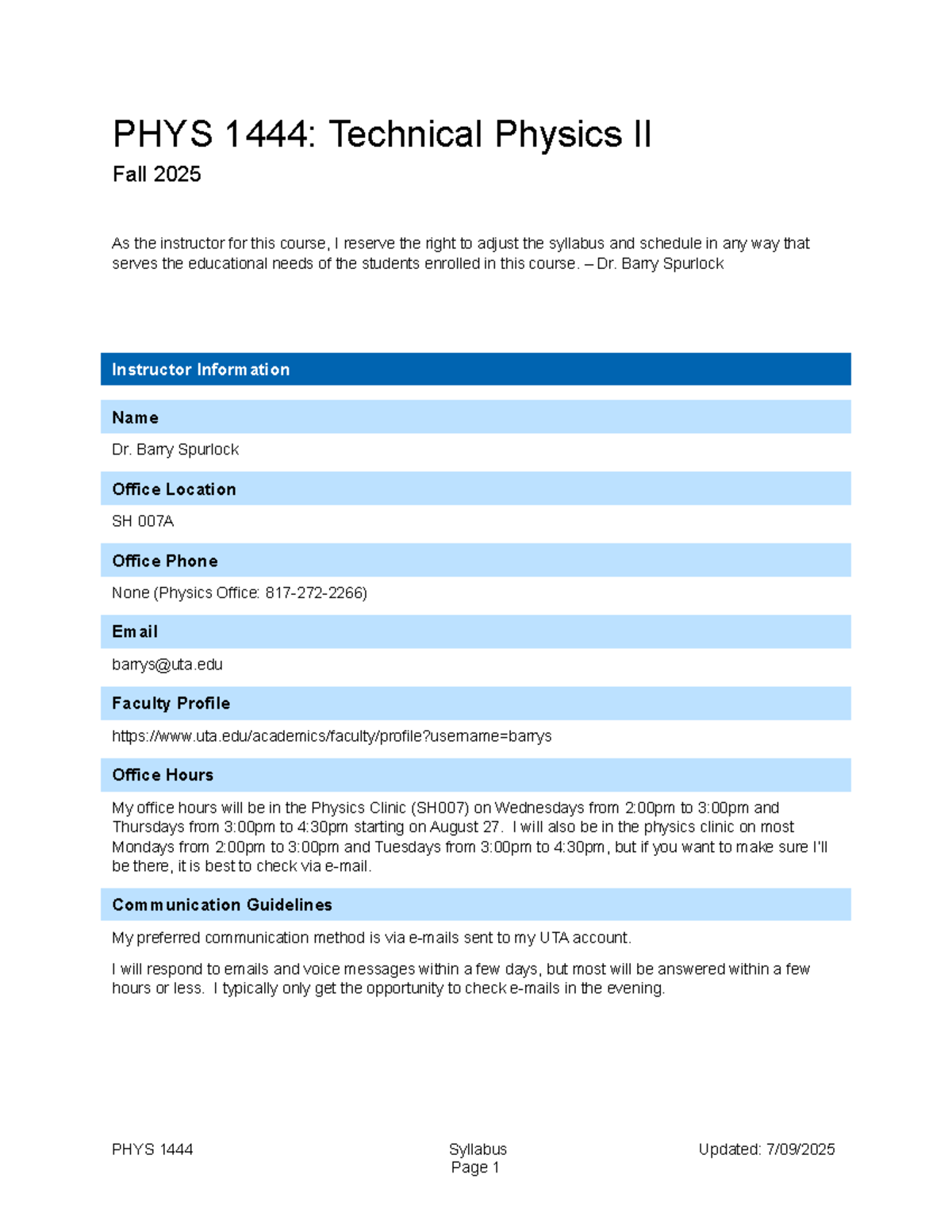 PHYS 1444 Technical Physics II Syllabus - Fall 2025 - Studocu