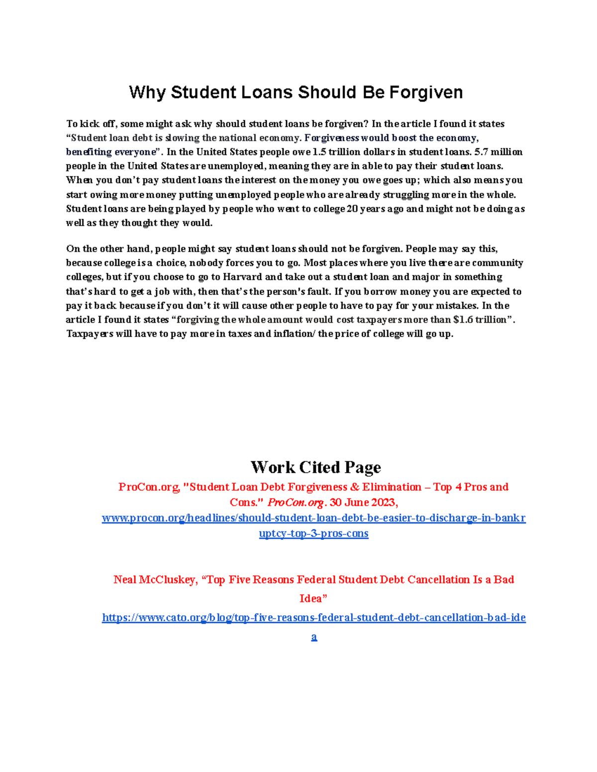 1.03 Eng Reflection: The Case for Student Loan Forgiveness - Studocu