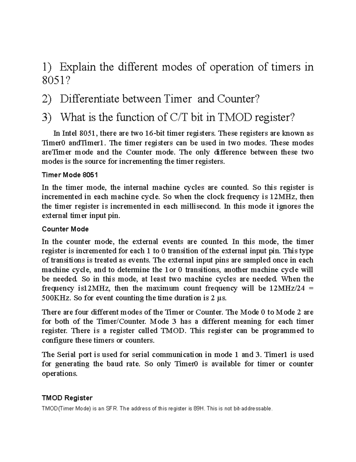 8051 Timer Modes: Operations, TMOD Register & Counter Differences - Studocu