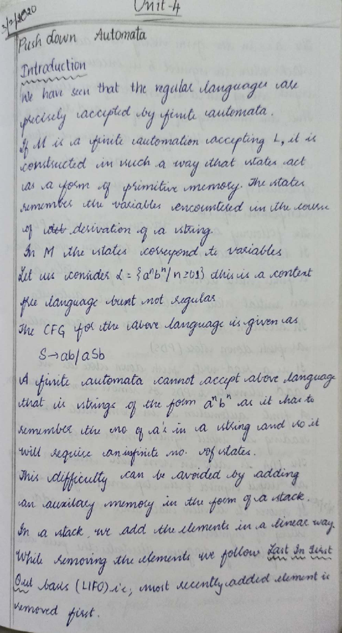 Unit 4: Introduction to Pushdown Automata and Language Processing - Studocu