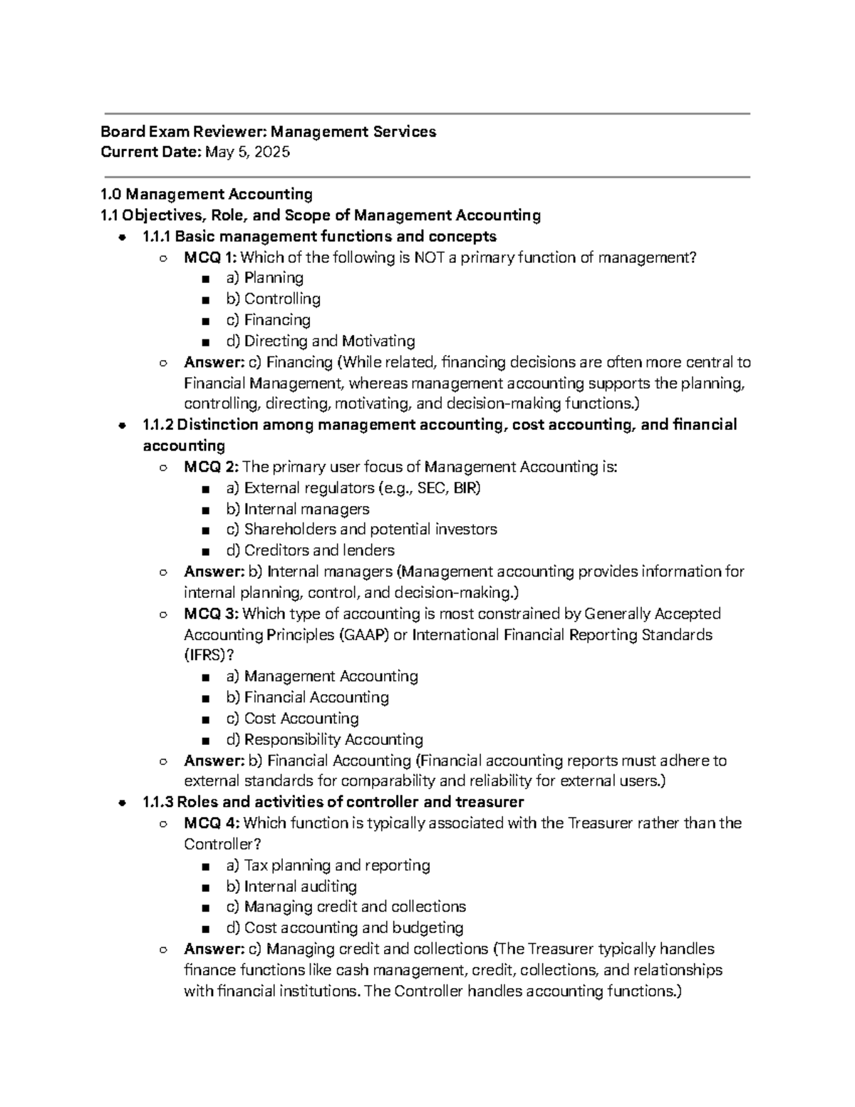Management Services Board Exam Reviewer: Key Concepts and MCQs - Studocu