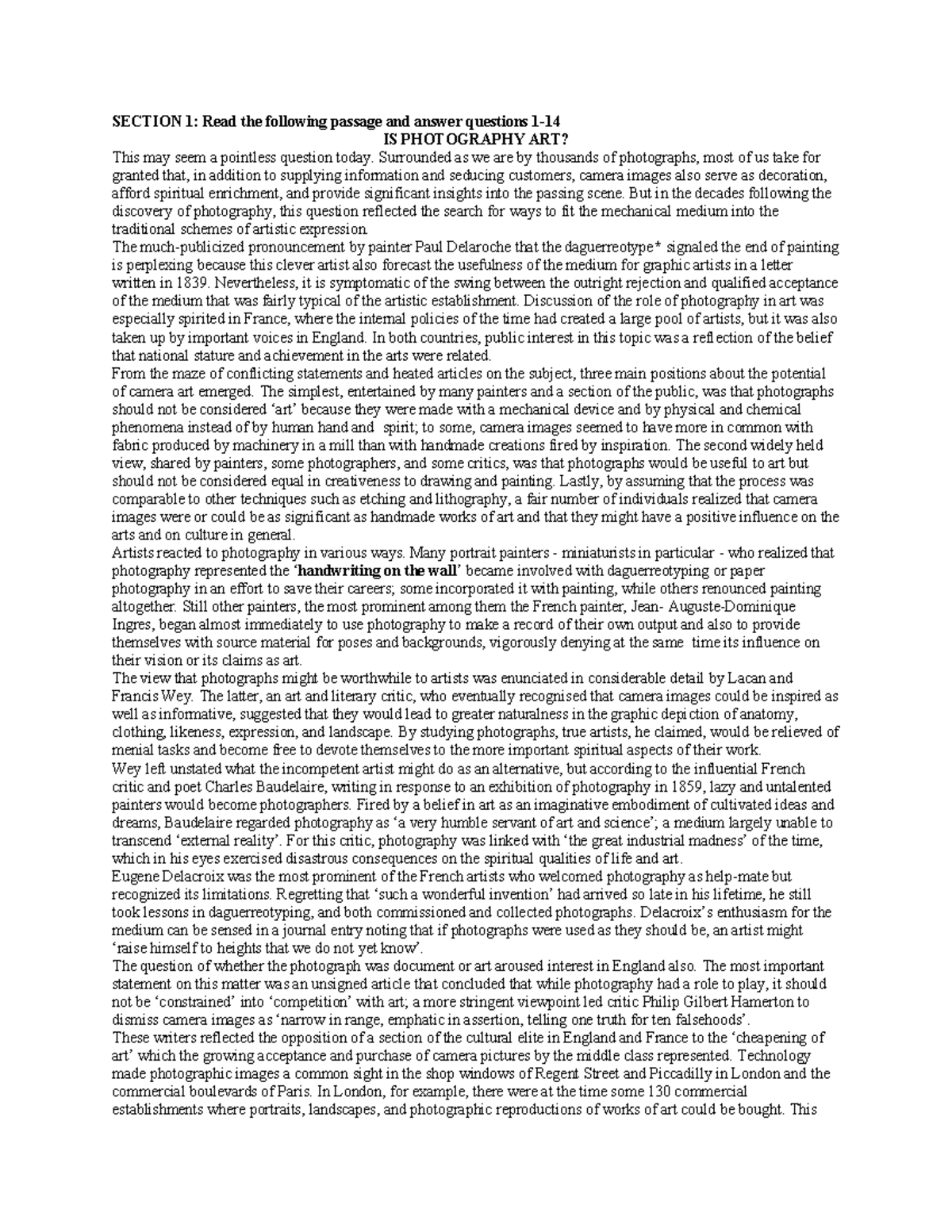 IELTS Reading Exam Practice - Section 1: Is Photography Art? - Studocu
