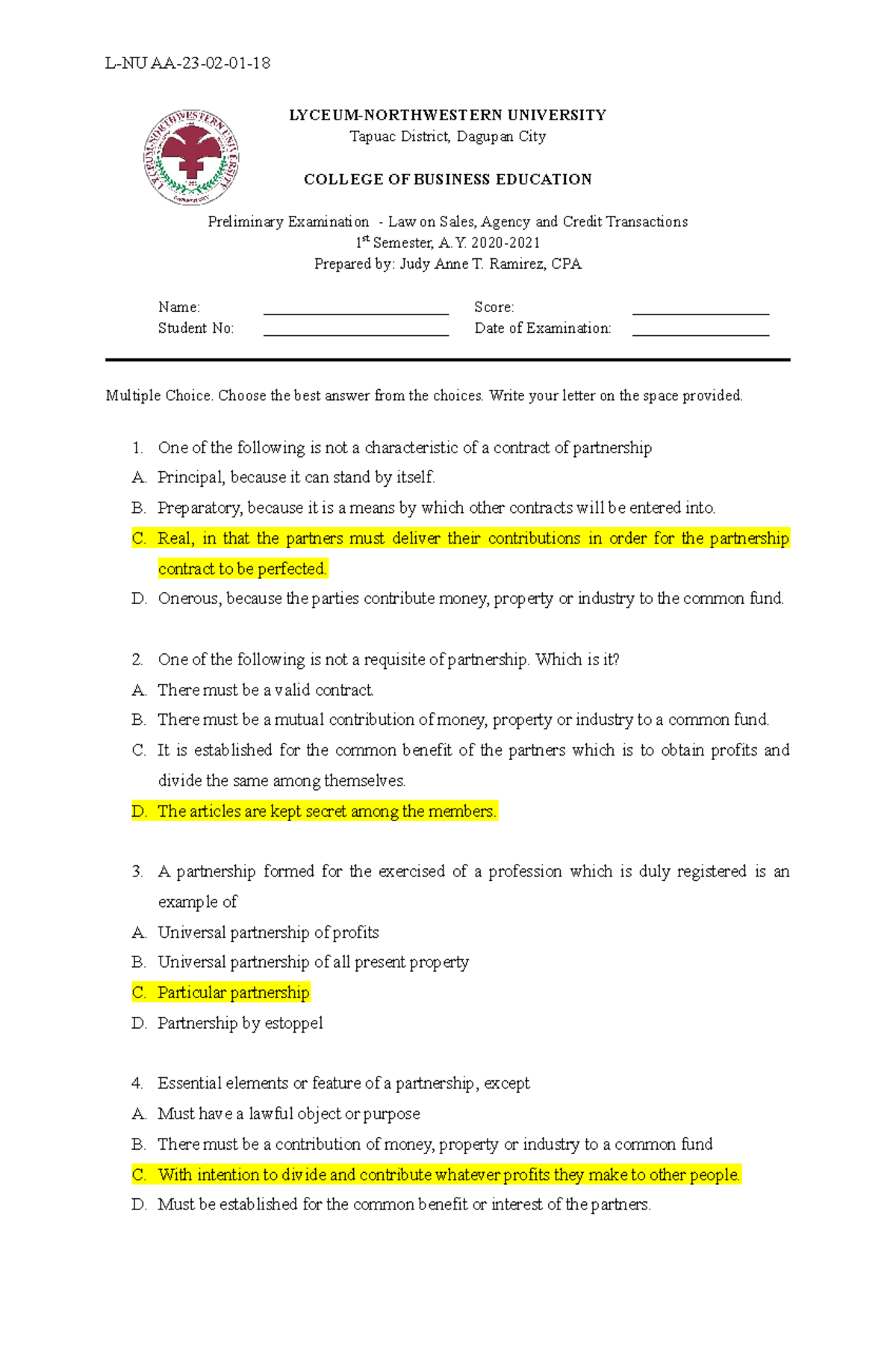 Preliminary Exam - Law on Partnership and Corporations (1st Sem A.Y ...