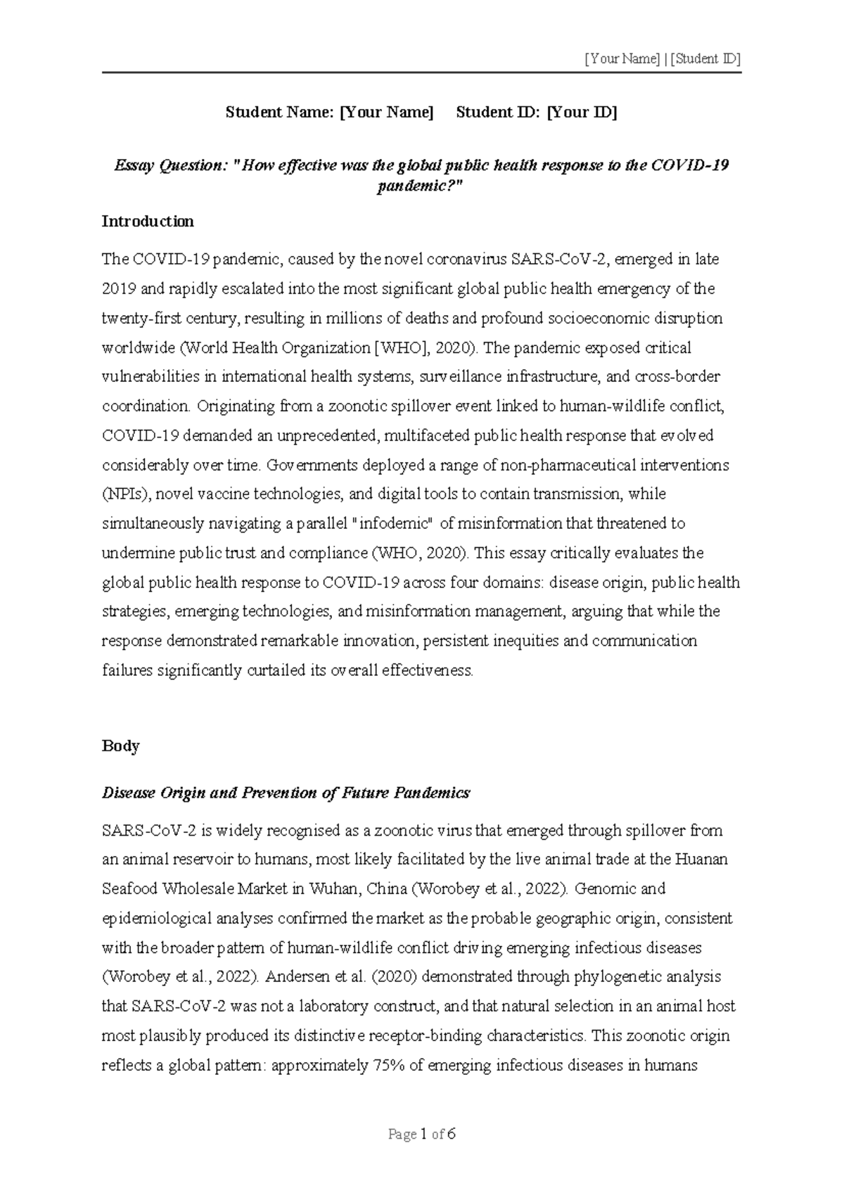 PUBH1012 Assessment 2 Essay: Evaluating Global Health Response to COVID ...