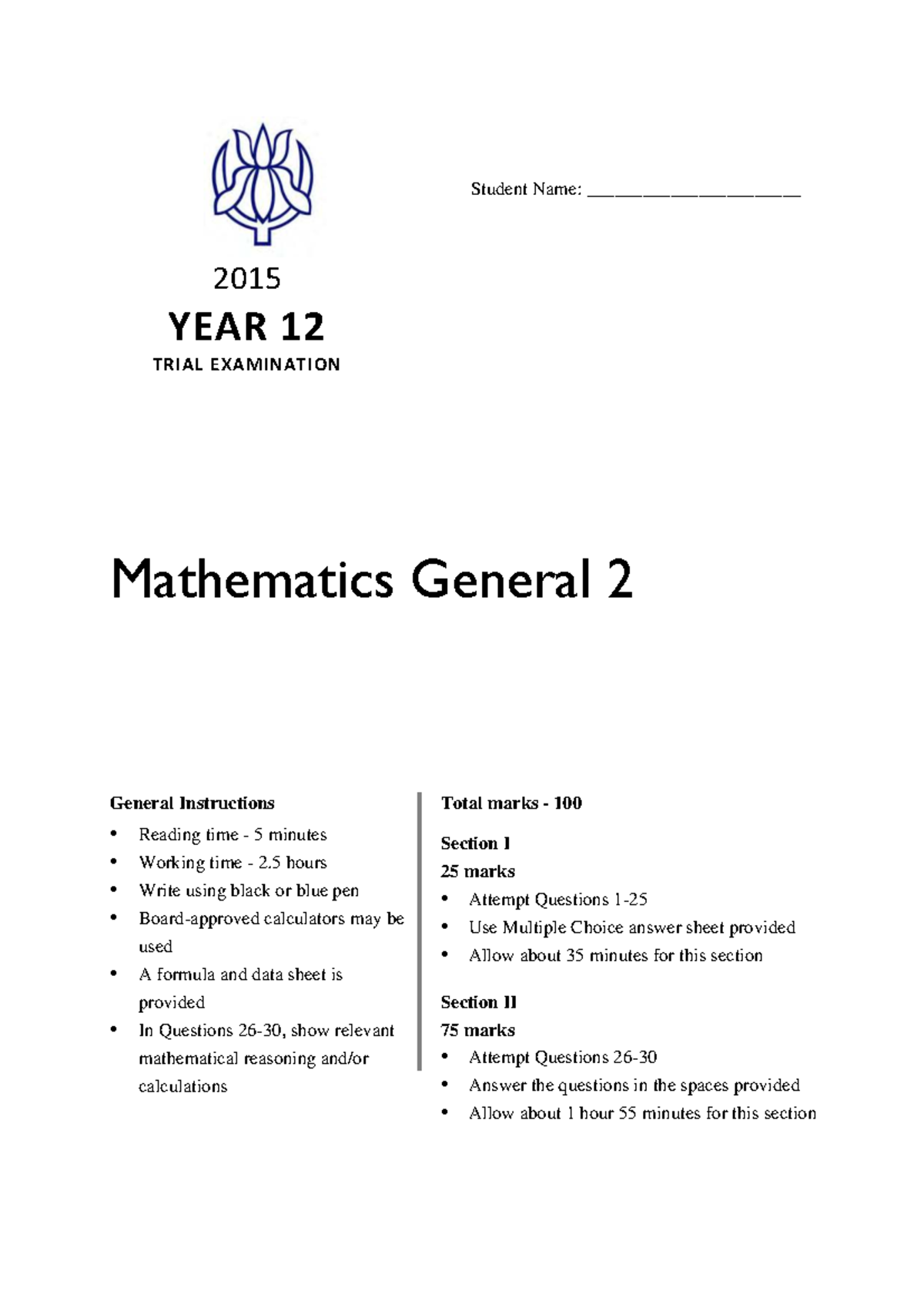 Frensham 2015 HSC Mathematics General 2 Trial Exam Solutions - Studocu
