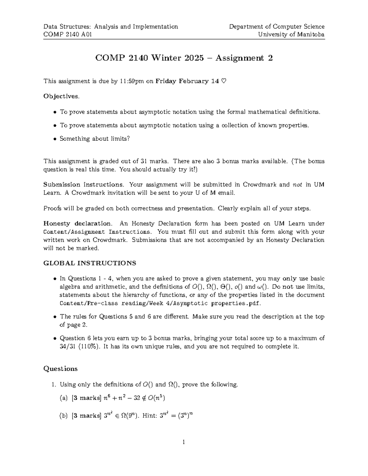 Assignment 2 revision 3 - COMP 2140 A University of Manitoba COMP 2140 Winter 2025 – Assignment ...