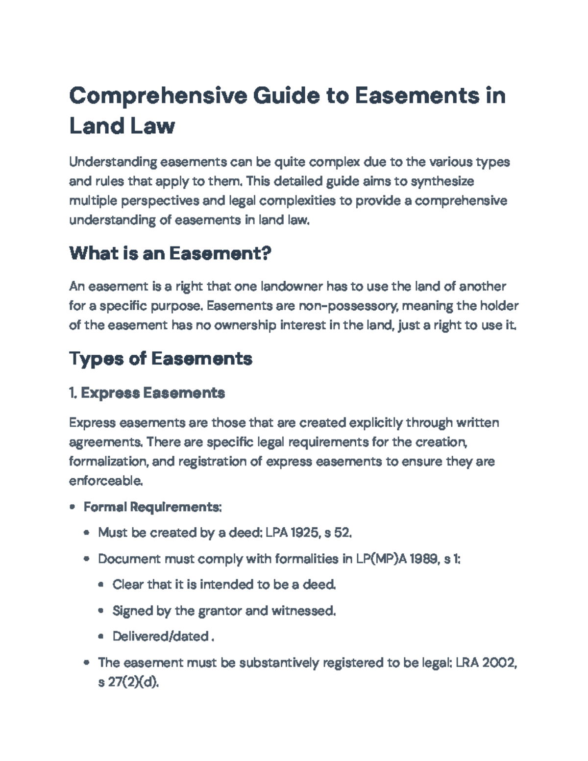 Comprehensive Overview of Easements in Land Law (LAW 101) - Studocu