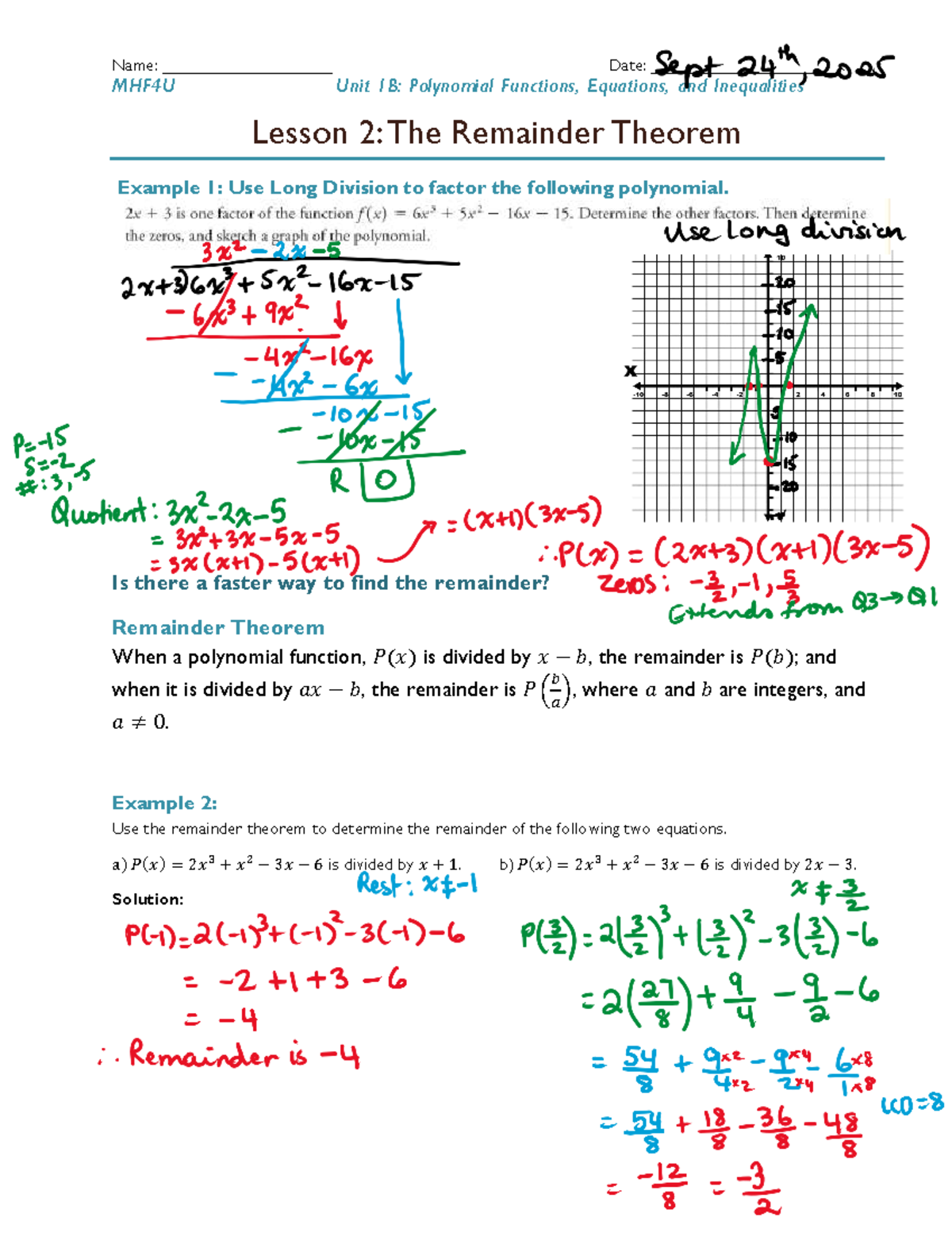 MHF4U Unit 1B: Lesson 2 - Remainder Theorem Notes - Studocu