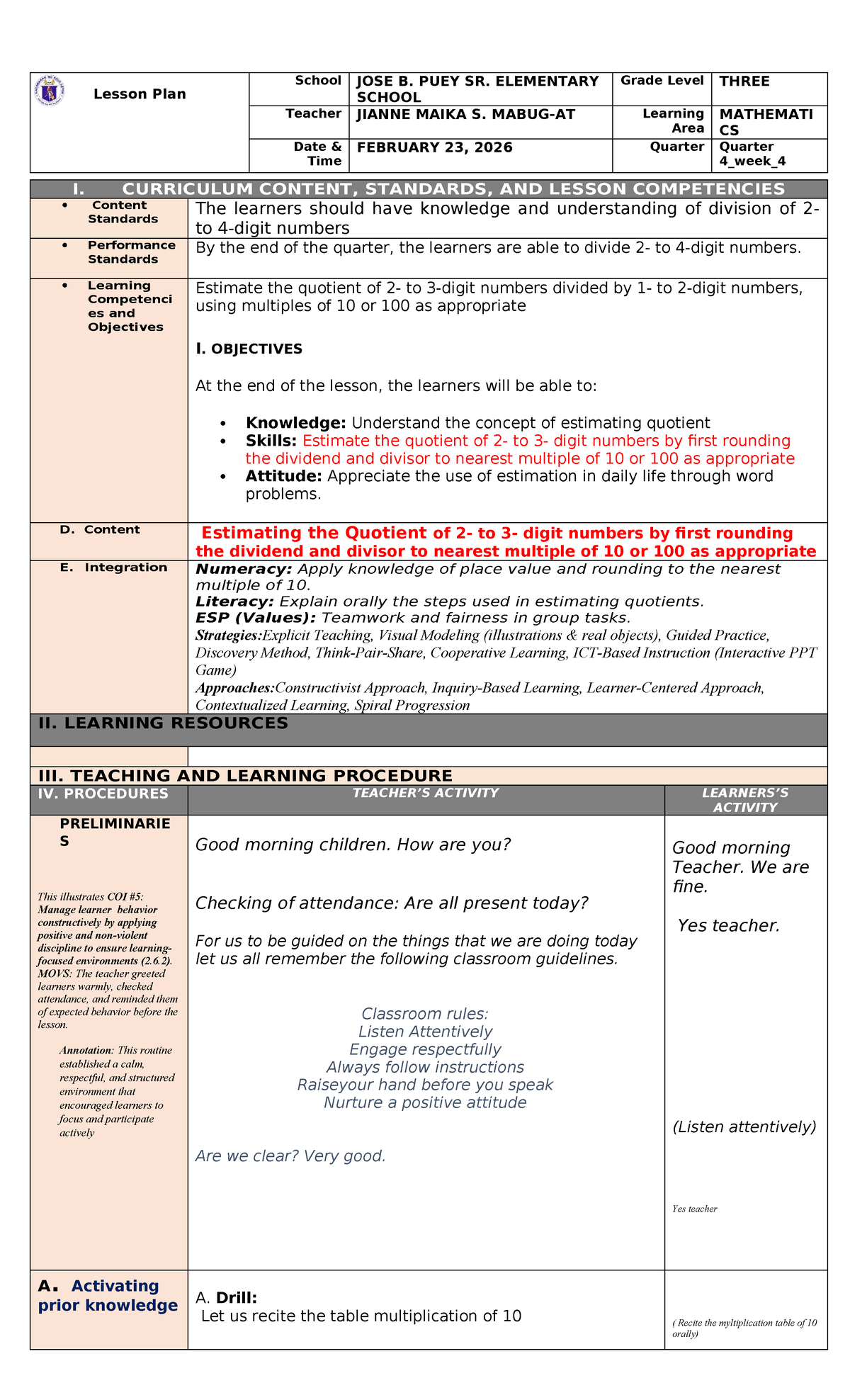 Jianne MATH 3 Q4 WEEK 4 Lesson Plan: Estimating Quotients - Studocu