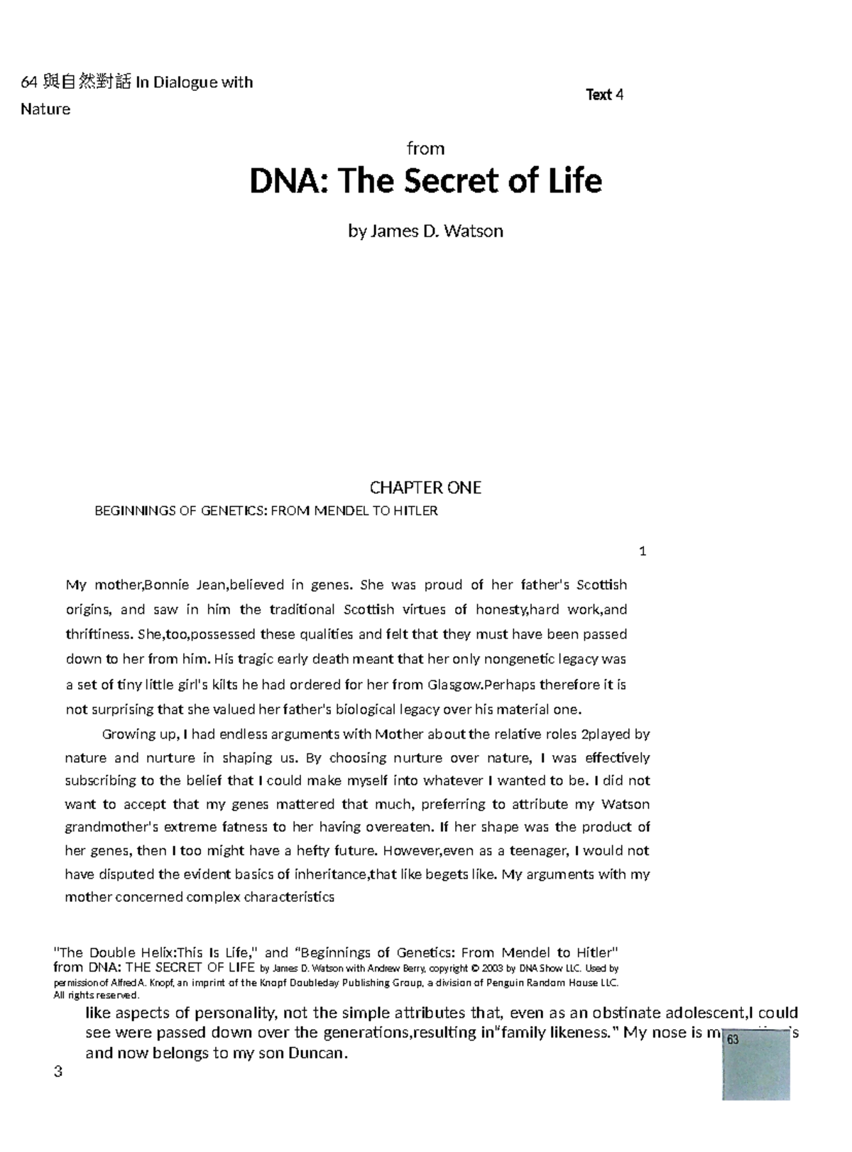 64 與自然對話: Chapter 1 - Genetics from Mendel to Hitler in DNA - Studocu