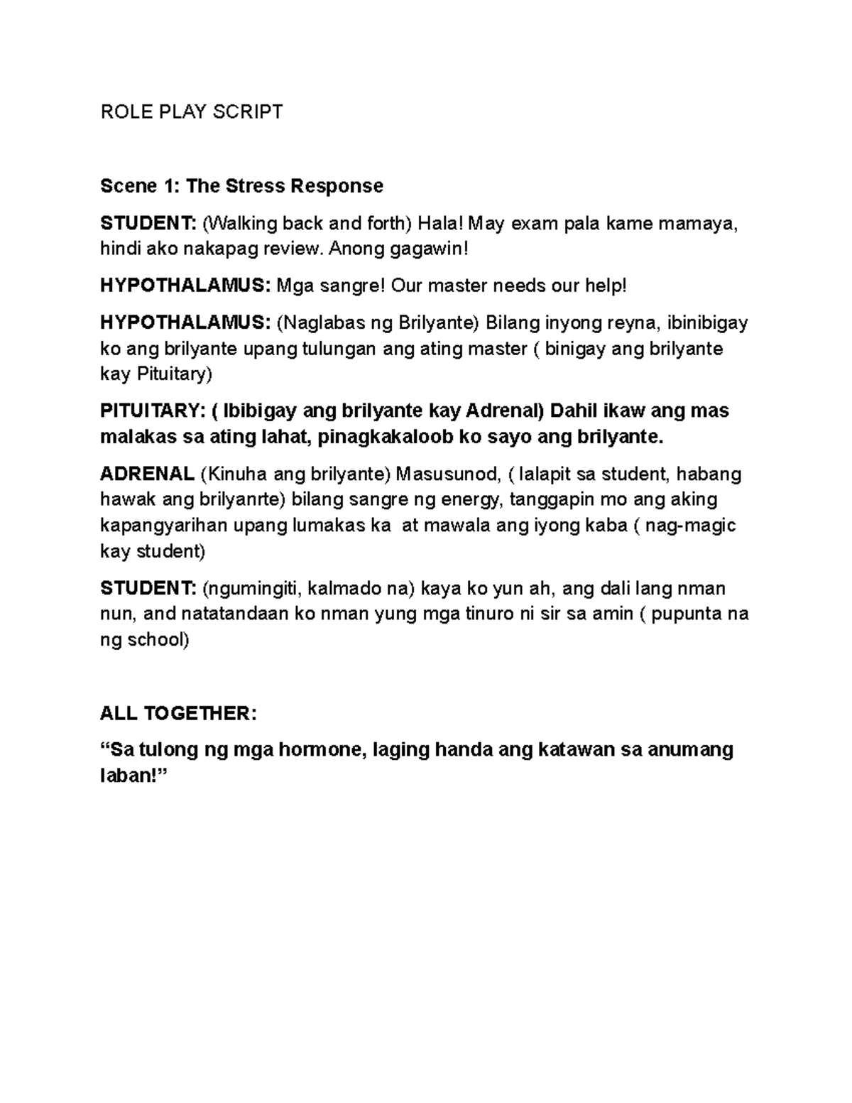 ROLE PLAY Script: The Stress Response Scene 1 - Studocu