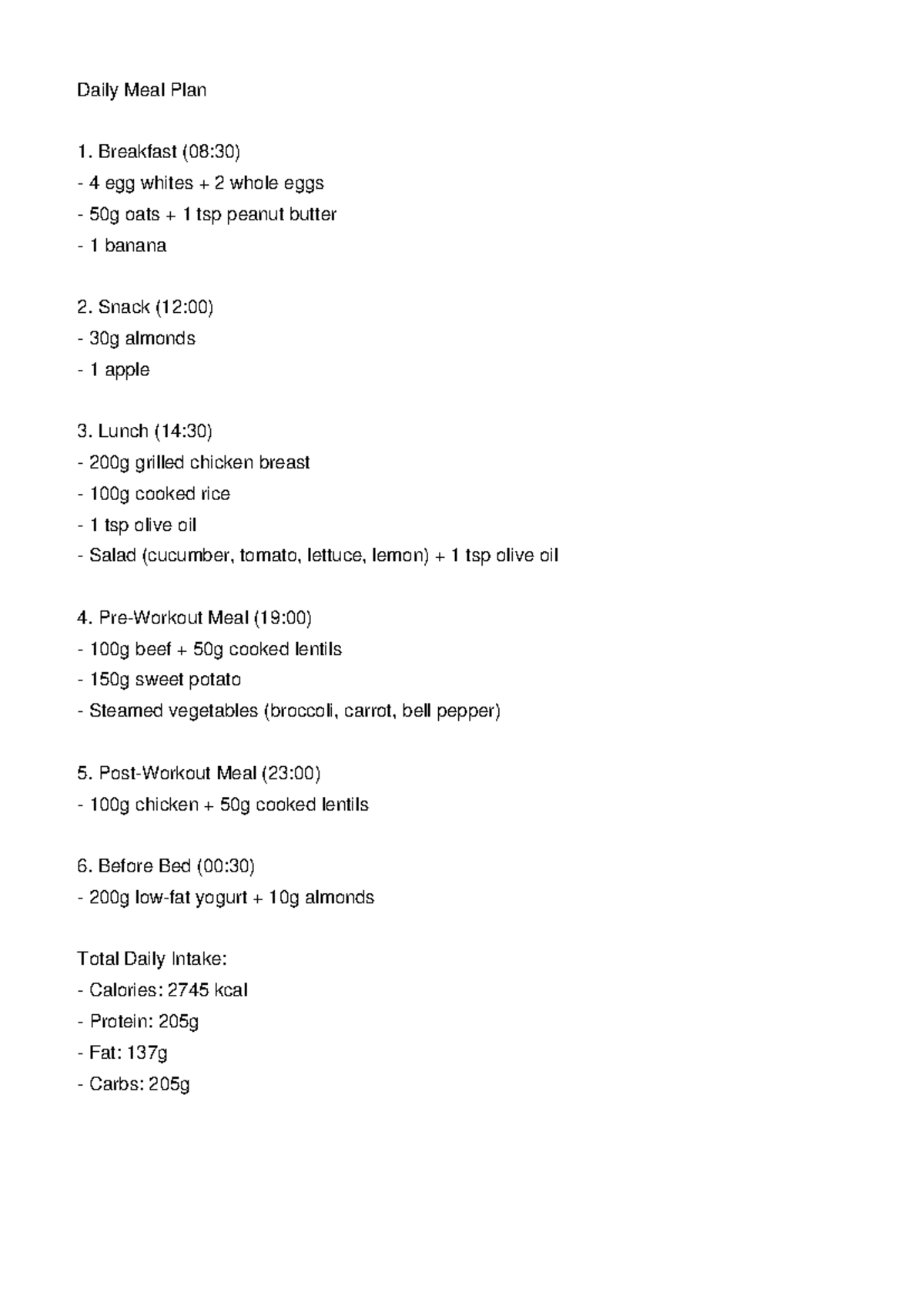 Daily Meal Plan - Dus - Daily Meal Plan Breakfast (08:30) 4 egg whites ...