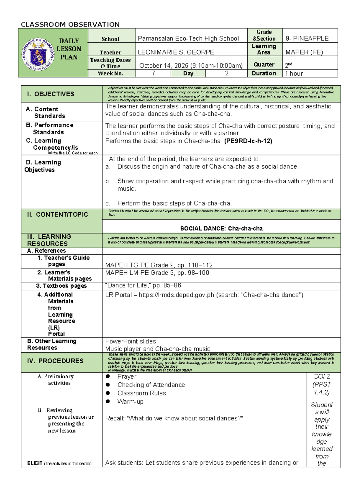 Q2-COT2-DLP-PE-9: Daily Lesson Plan for Social Dance (Cha-Cha-Cha ...