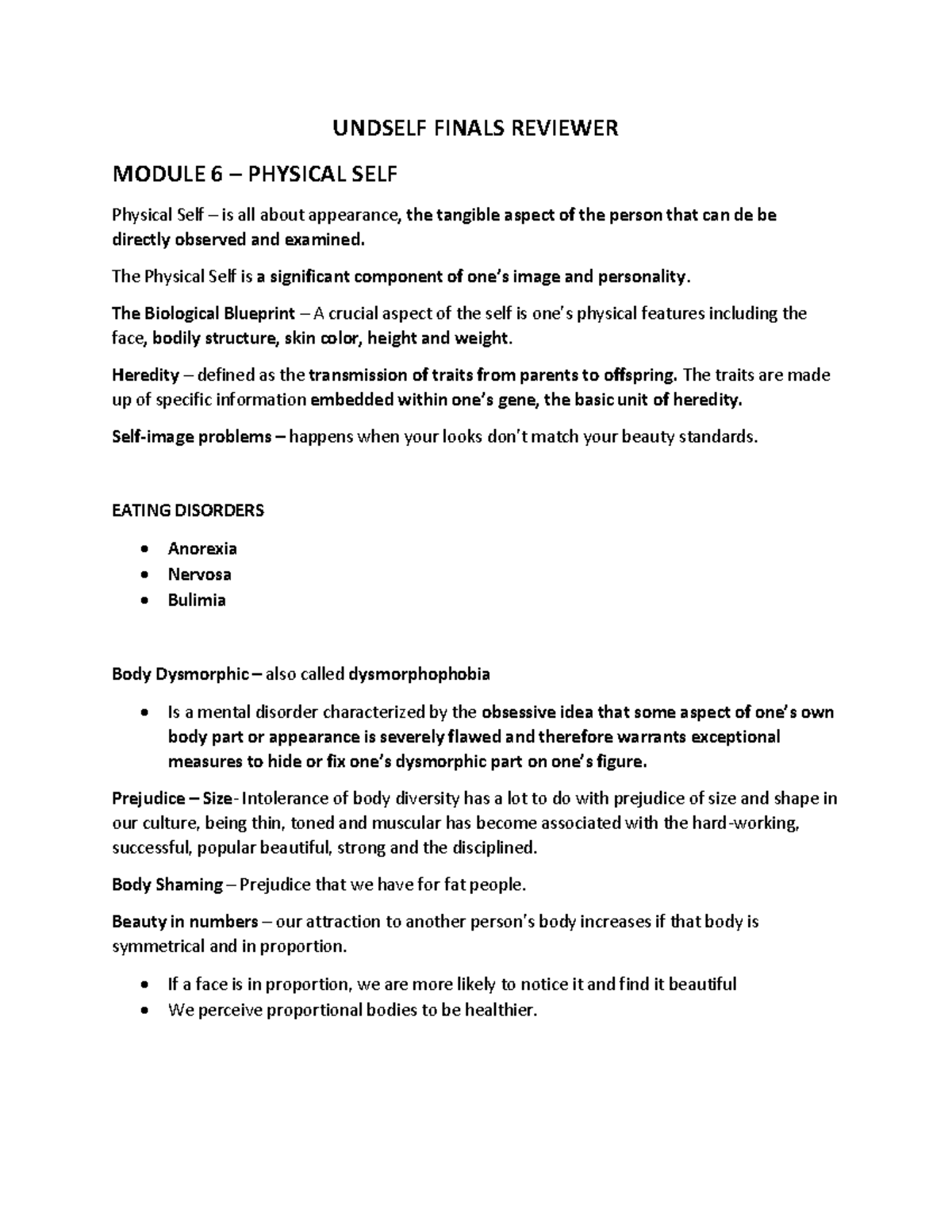 Undself- Finals- Reviewer - UNDSELF FINALS REVIEWER MODULE 6 – PHYSICAL ...