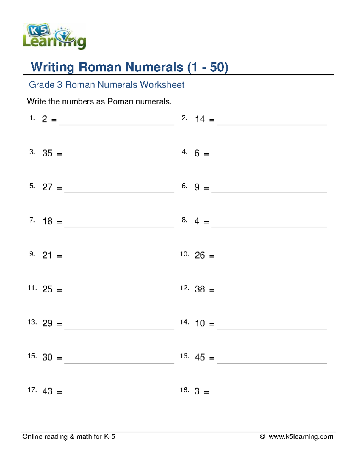 Grade 3 Roman Numerals Worksheet (1-50) - Studocu