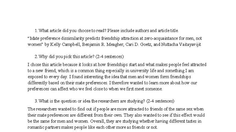 Attraction Study Questions: Friendship Dynamics and Mate Preferences ...