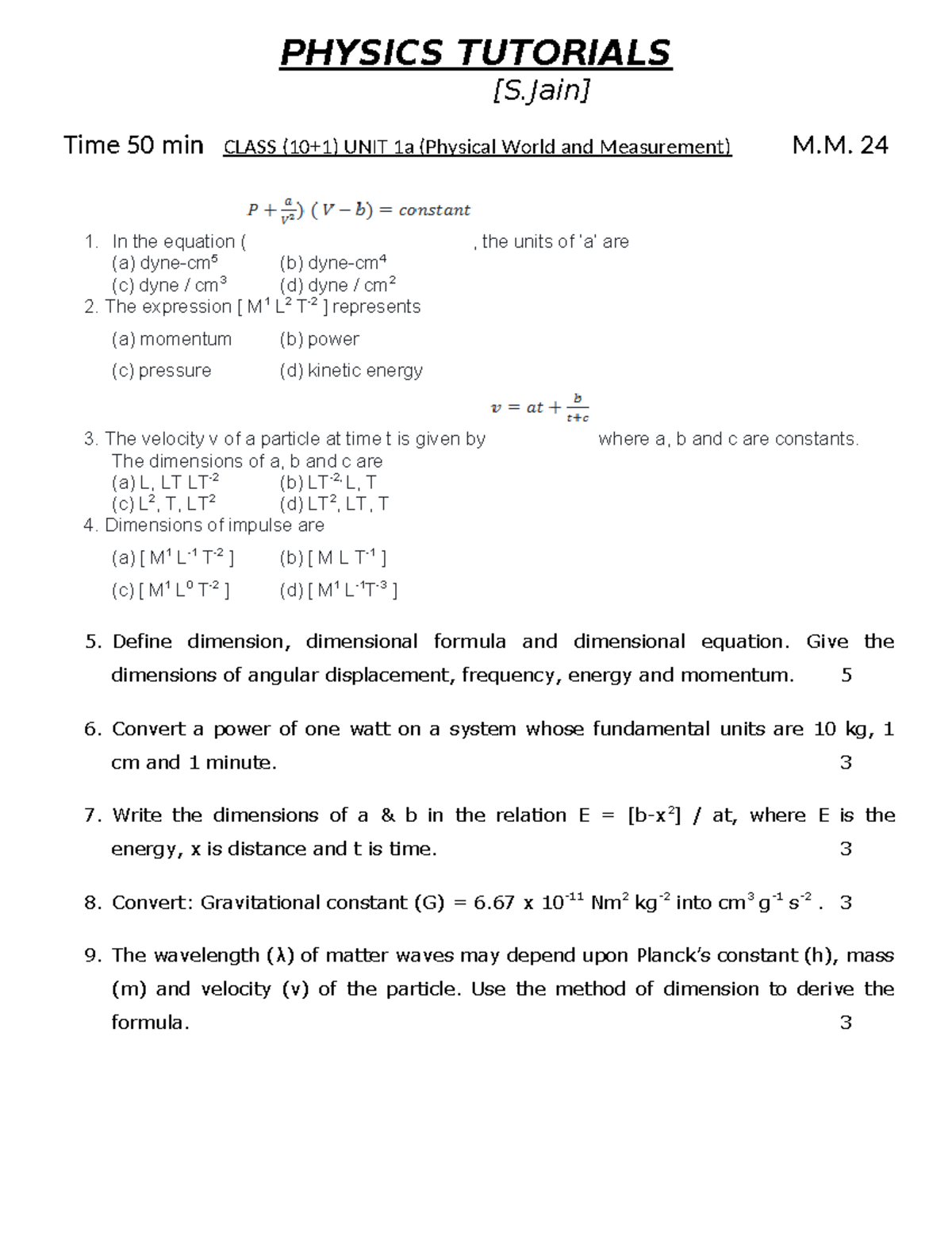 PHYSICS TUTORIALS: Dimensional Analysis for Unit 1a - Studocu