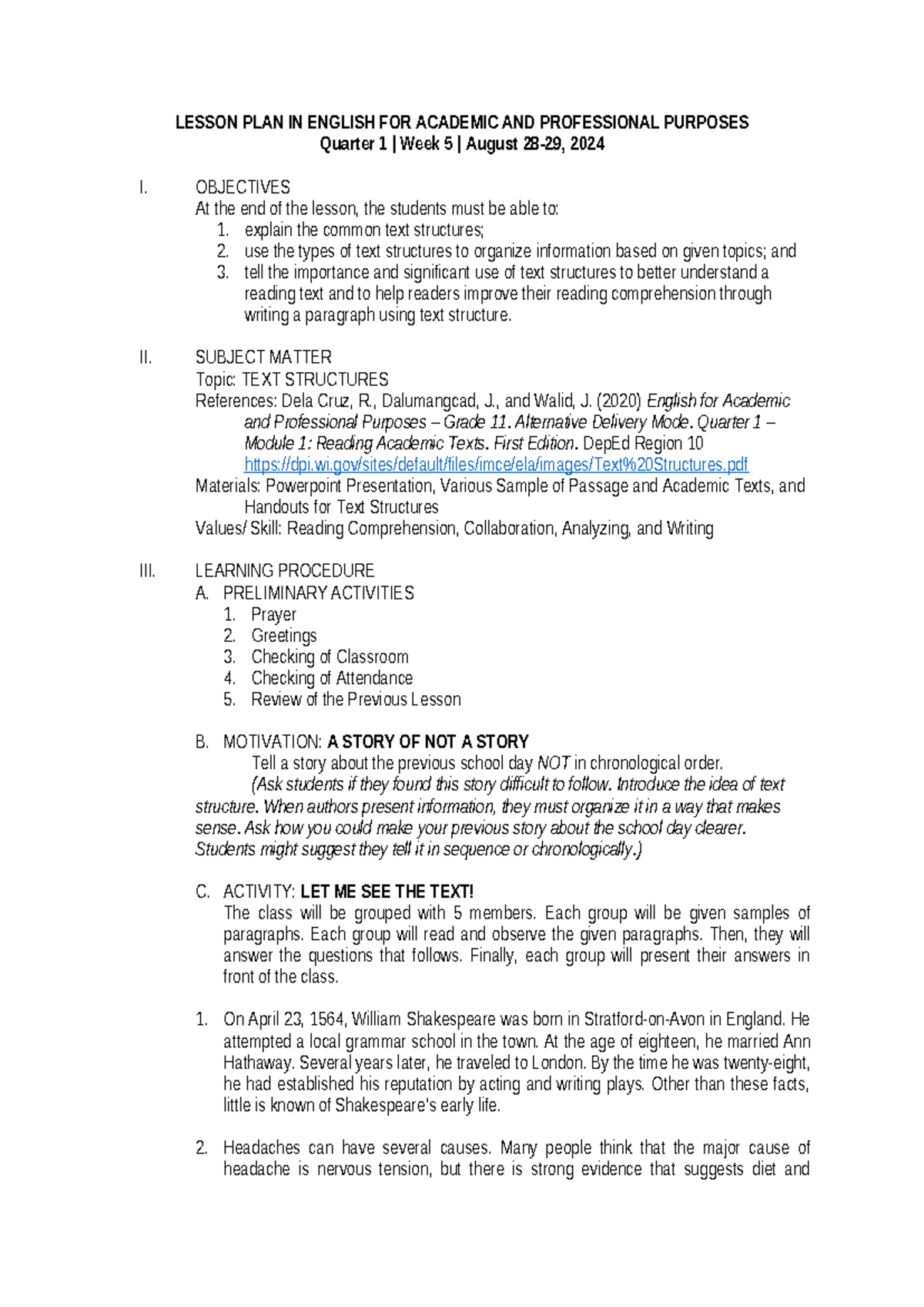EAPP LP Q1 W5 Lesson Plan on Understanding Text Structures - Studocu