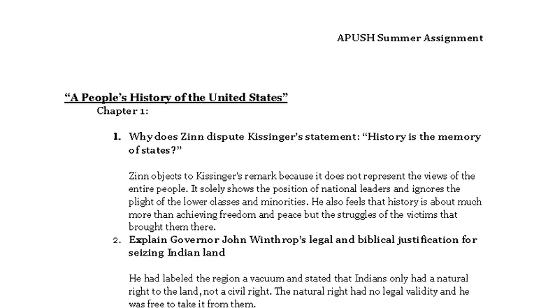 APUSH Summer Assignment: Analyzing Zinn's Perspectives on American ...