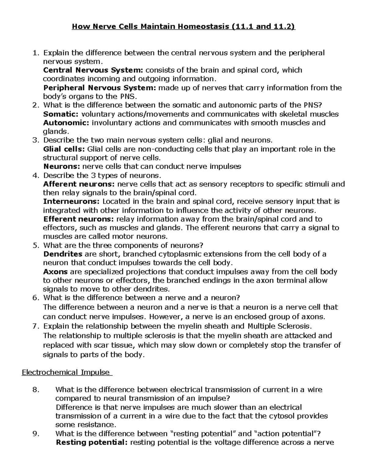 Nerve Signals Worksheet: Understanding Nervous System Functions - Studocu