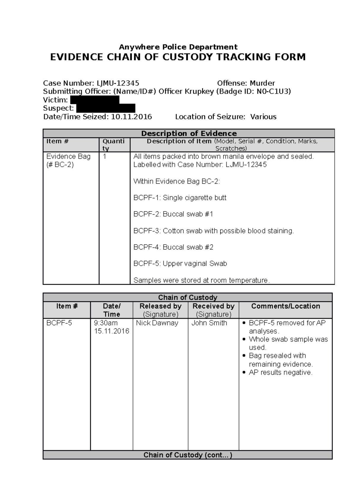 Chain of Custody Form Ver 2 - Anywhere Police Department EVIDENCE CHAIN ...