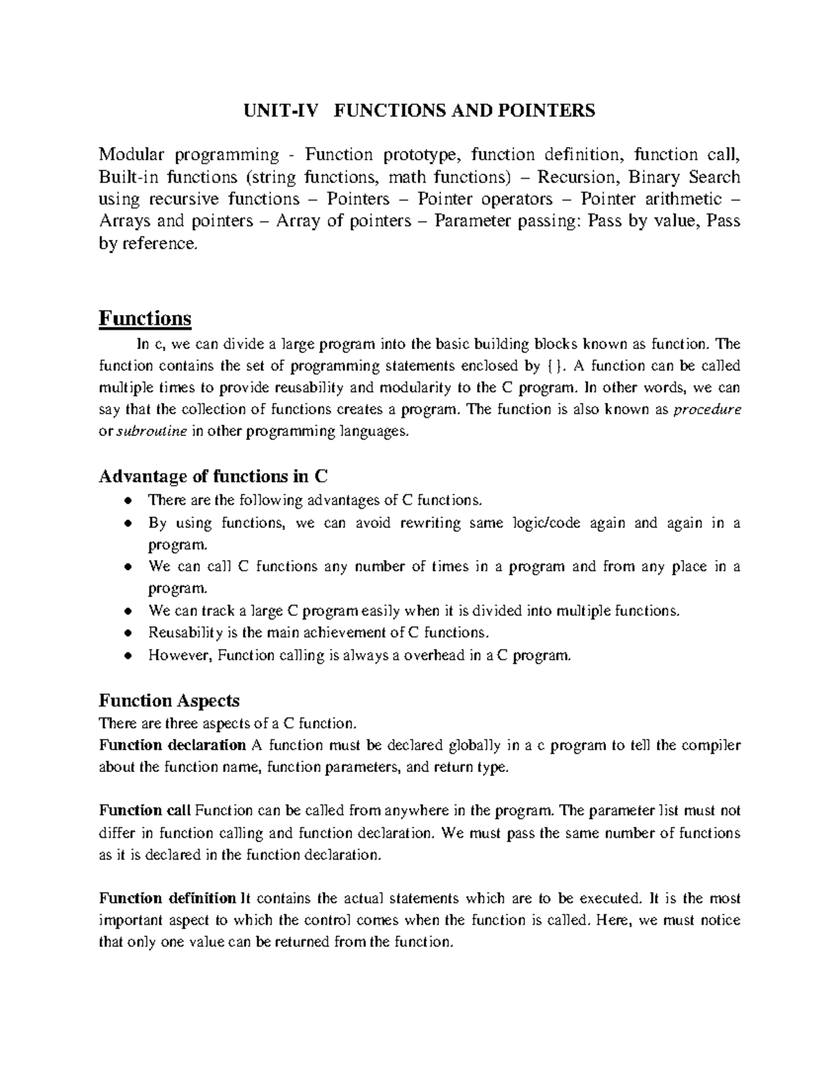 C Programming Functions & Pointers: Concepts & Examples (UNIT-IV) - Studocu