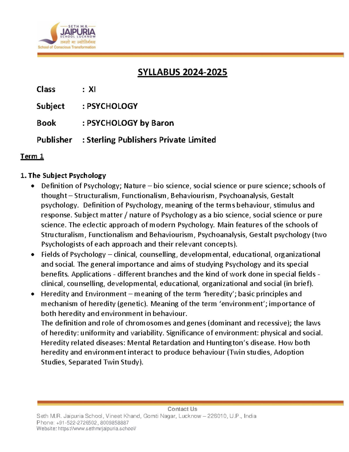 Psychology Class XI Syllabus Overview for 2024-25 - Studocu