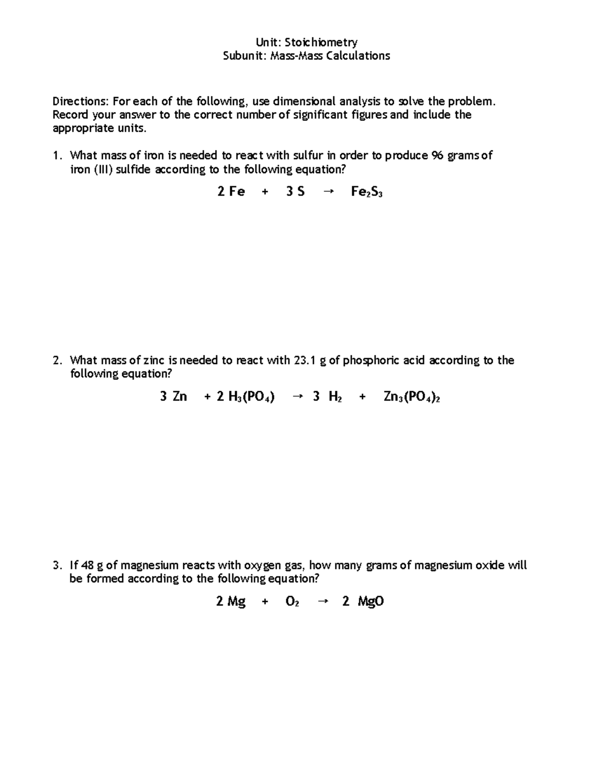 Stoichiometry Homework: Mass-Mass Calculations Assignment - Studocu