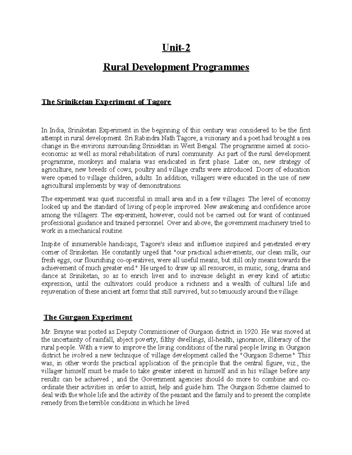 Unit-2 Rural Development Notes: Tagore, Gurgaon & Other Experiments ...