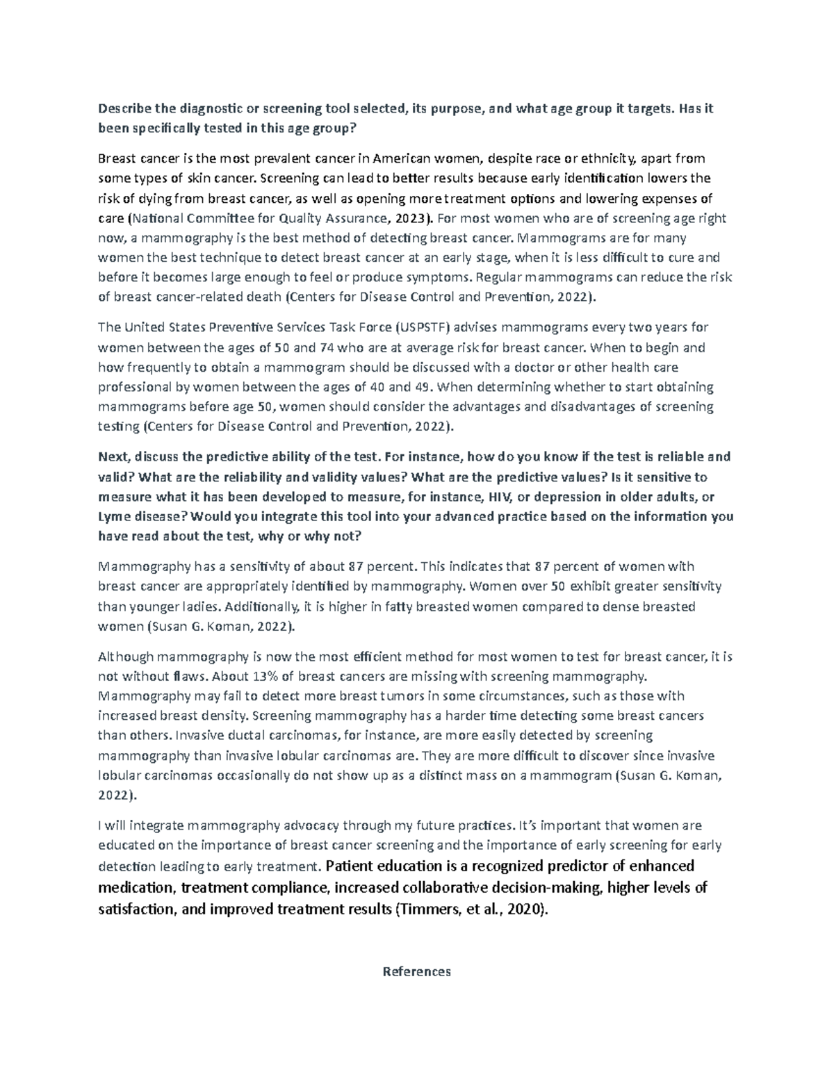 NR503 Discussion Week 2 - Describe the diagnostic or screening tool selected, its purpose, and ...