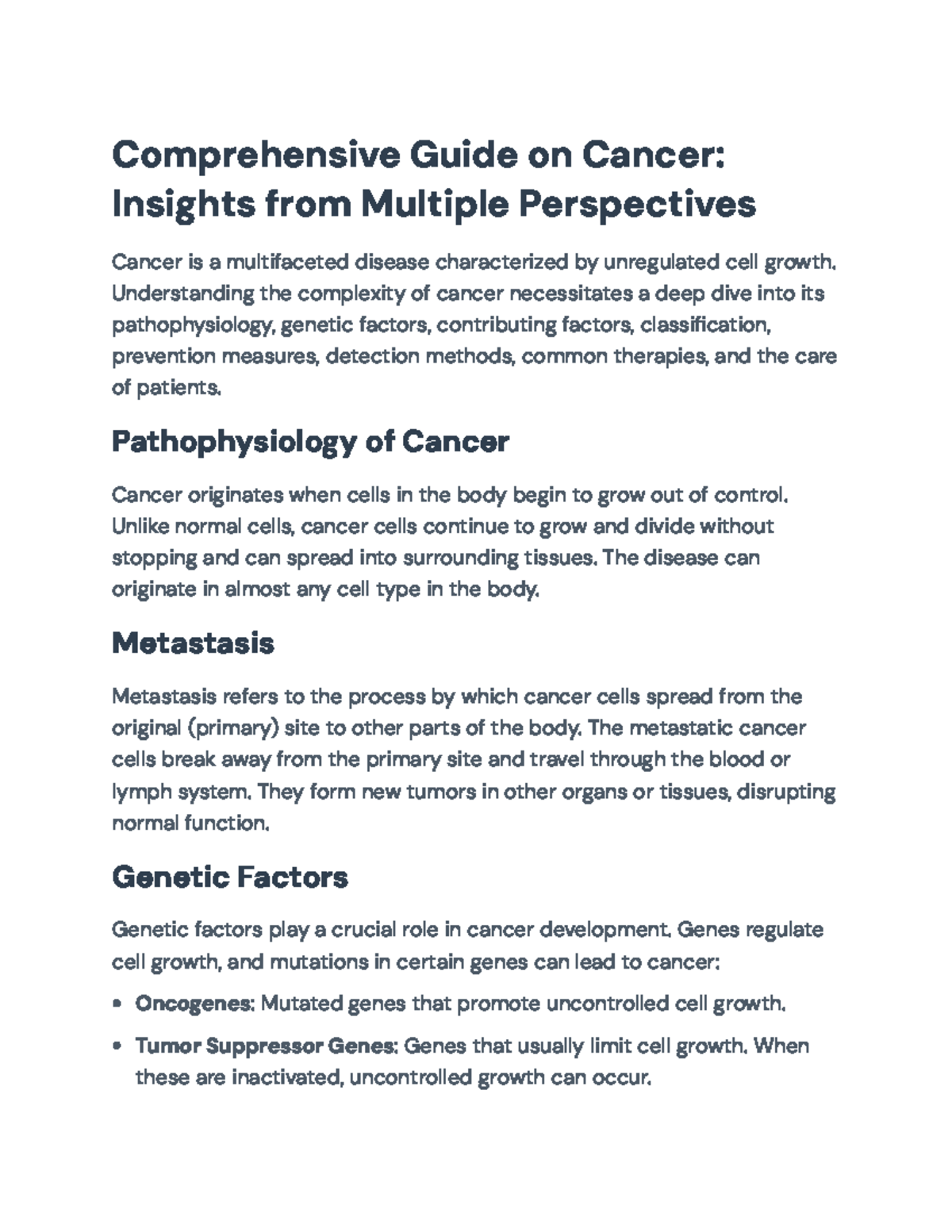 Comprehensive Overview of Cancer: Pathophysiology, Prevention, and Care ...