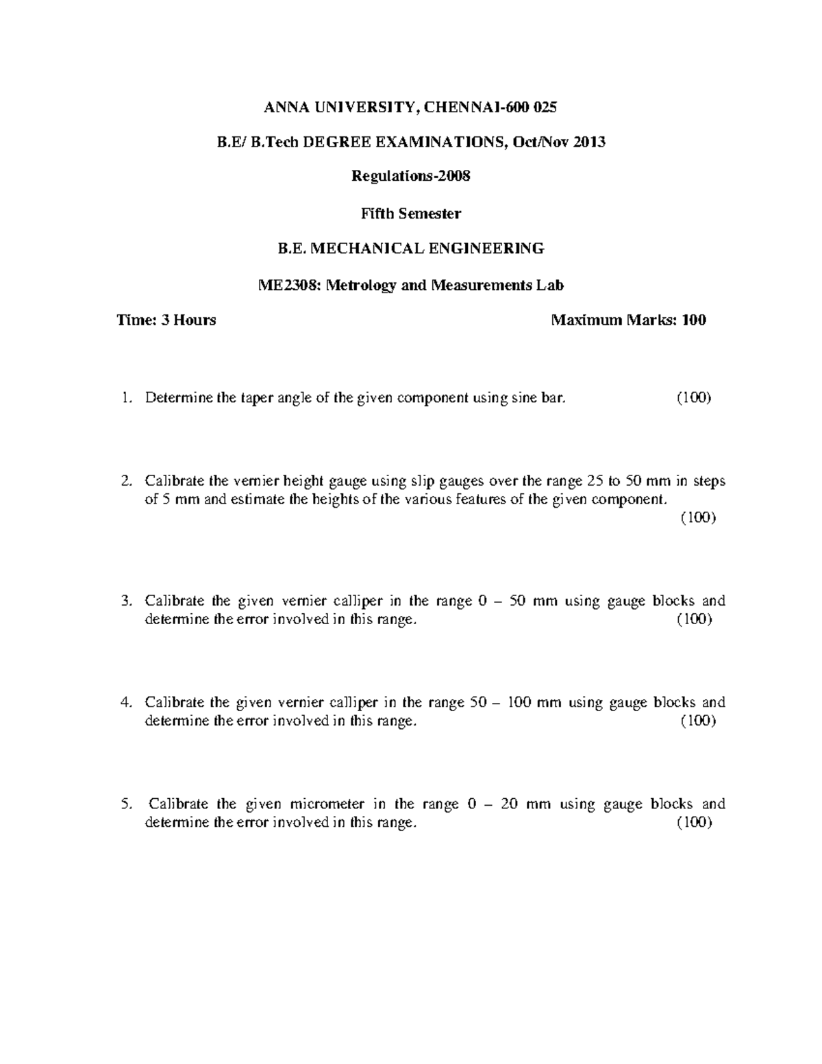 ME2308: Metrology & Measurements Lab - Exam Questions Set 2 - Studocu