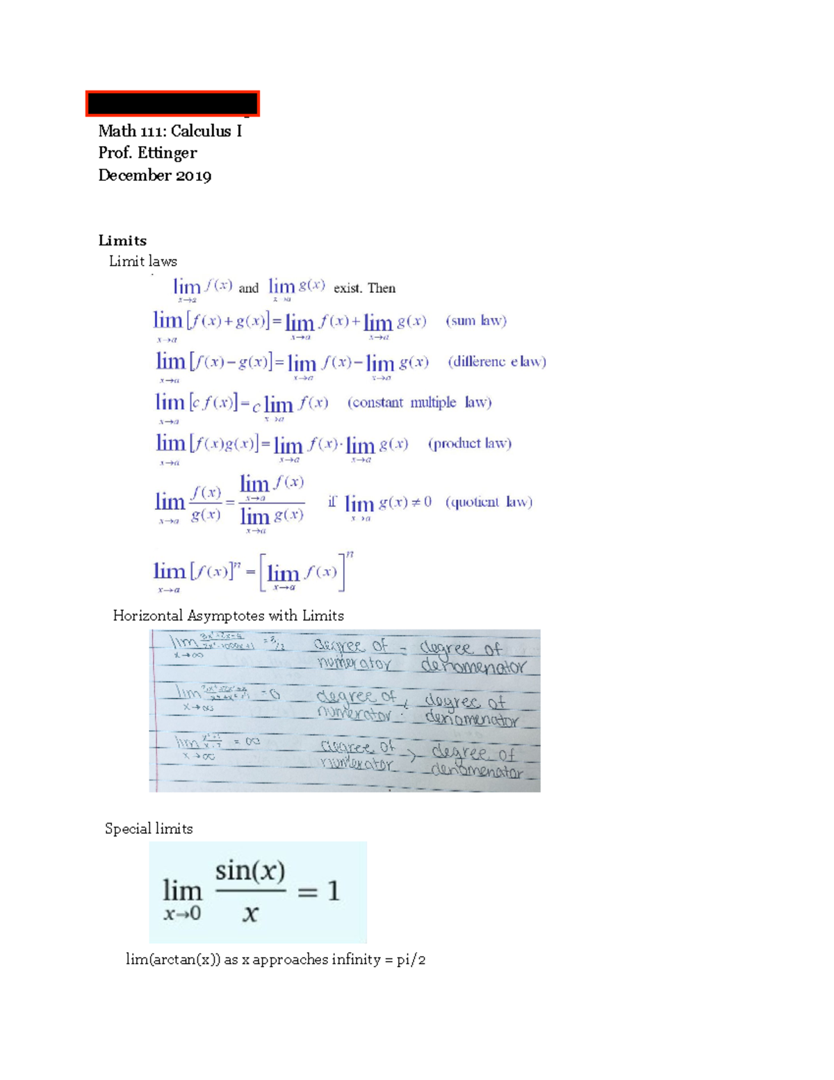 Math 111 Final Study Guide - Sabrina de Gunzburg Math 111: Calculus I ...
