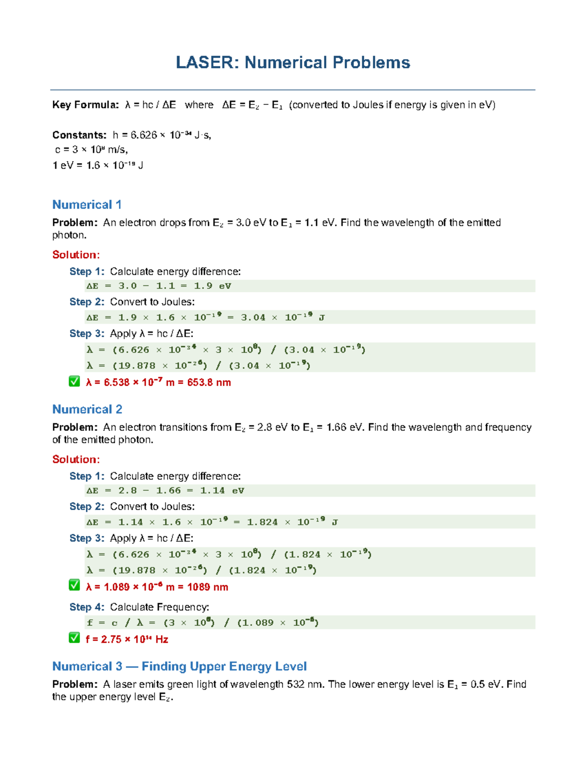 Unit 2 Numericals: Key Formulas & Photon Calculations for LASER - Studocu