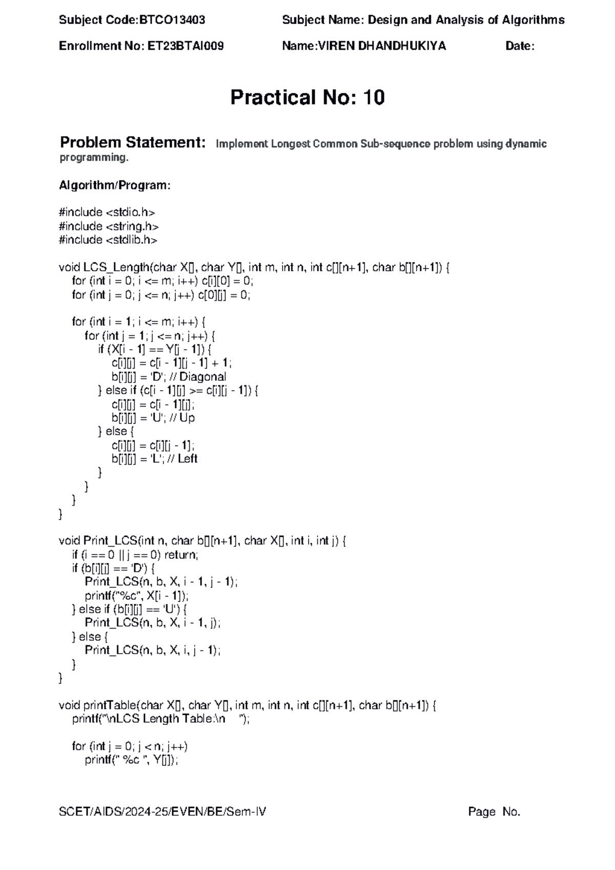DAA Practical 10: Implementing longest common subsequence using dynamic ...