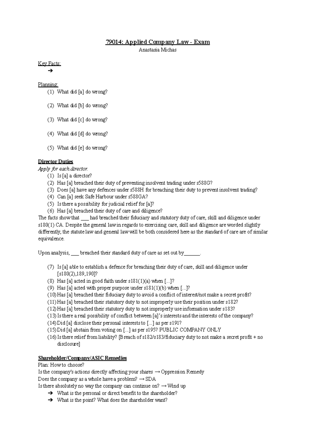 79014: Applied Company Law - Exam Prep Key Facts and Remedies - Studocu