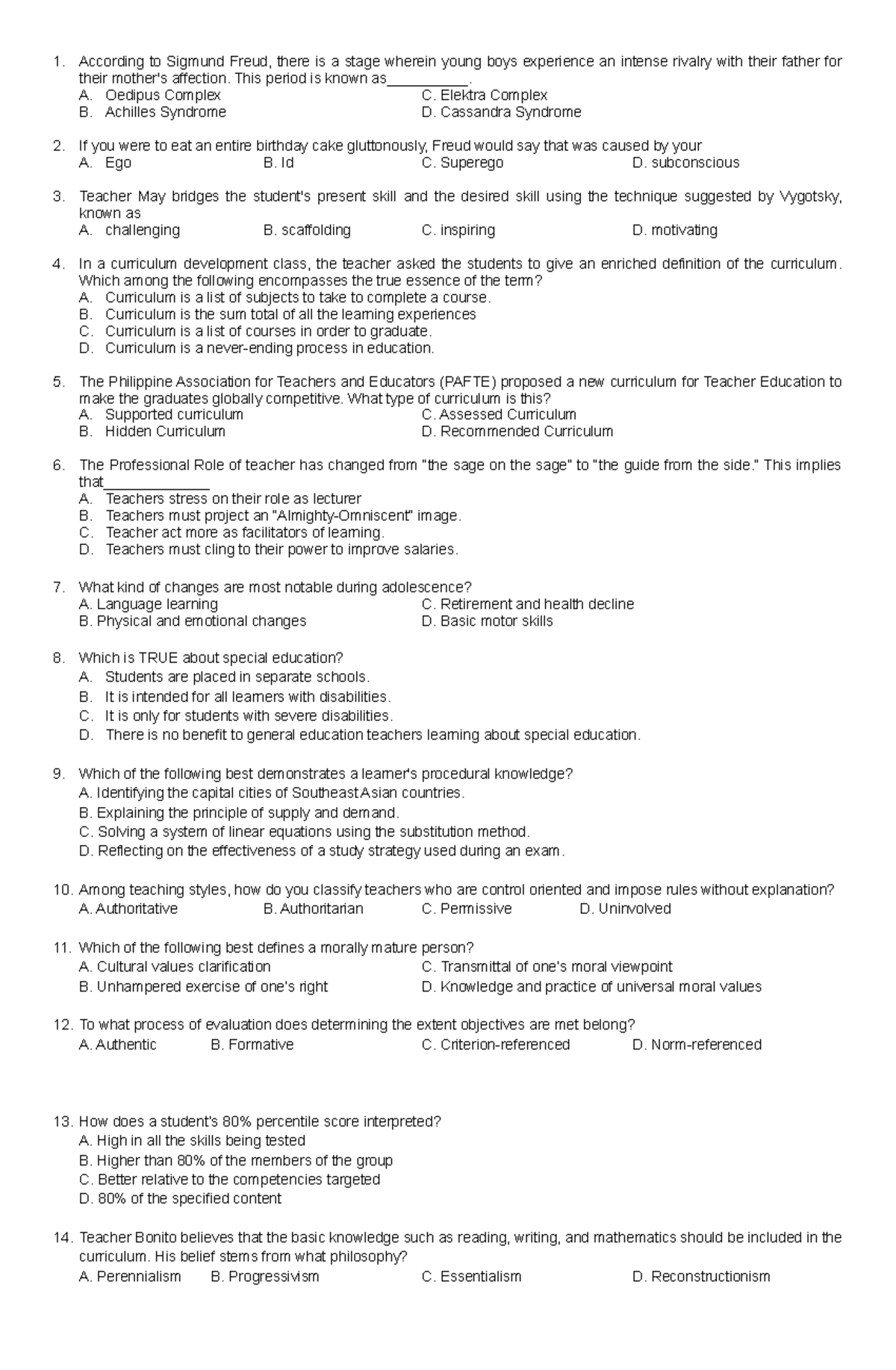 Psychology Quiz Notes (PSY 101): Understanding Freud and Vygotsky - Studocu