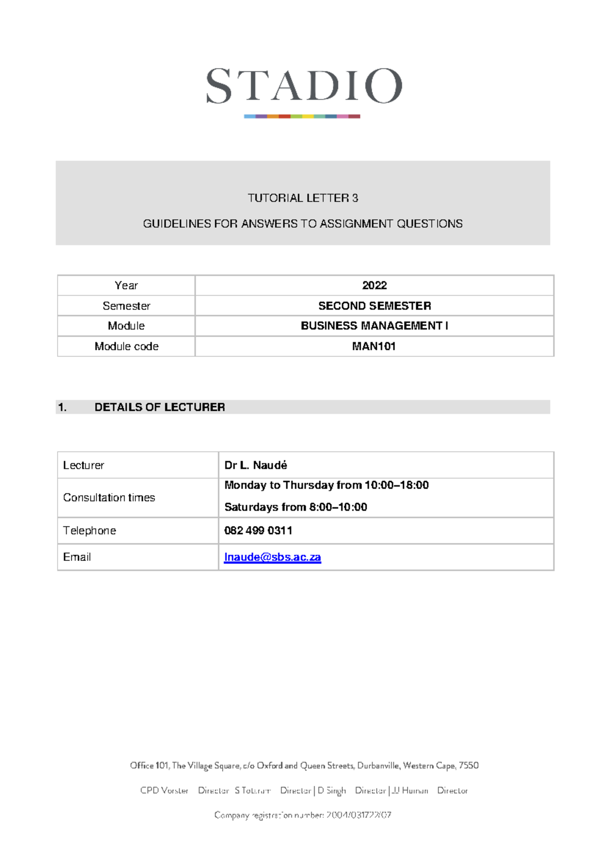 MAN101 Assignment answers 2022 02 - TUTORIAL LETTER 3 GUIDELINES FOR ...